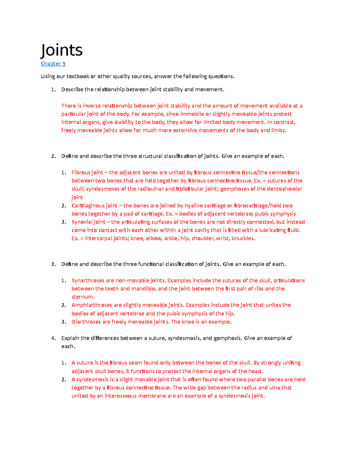 Joints Worksheet - Joints Chapter 9 Using our textbook or other quality ...