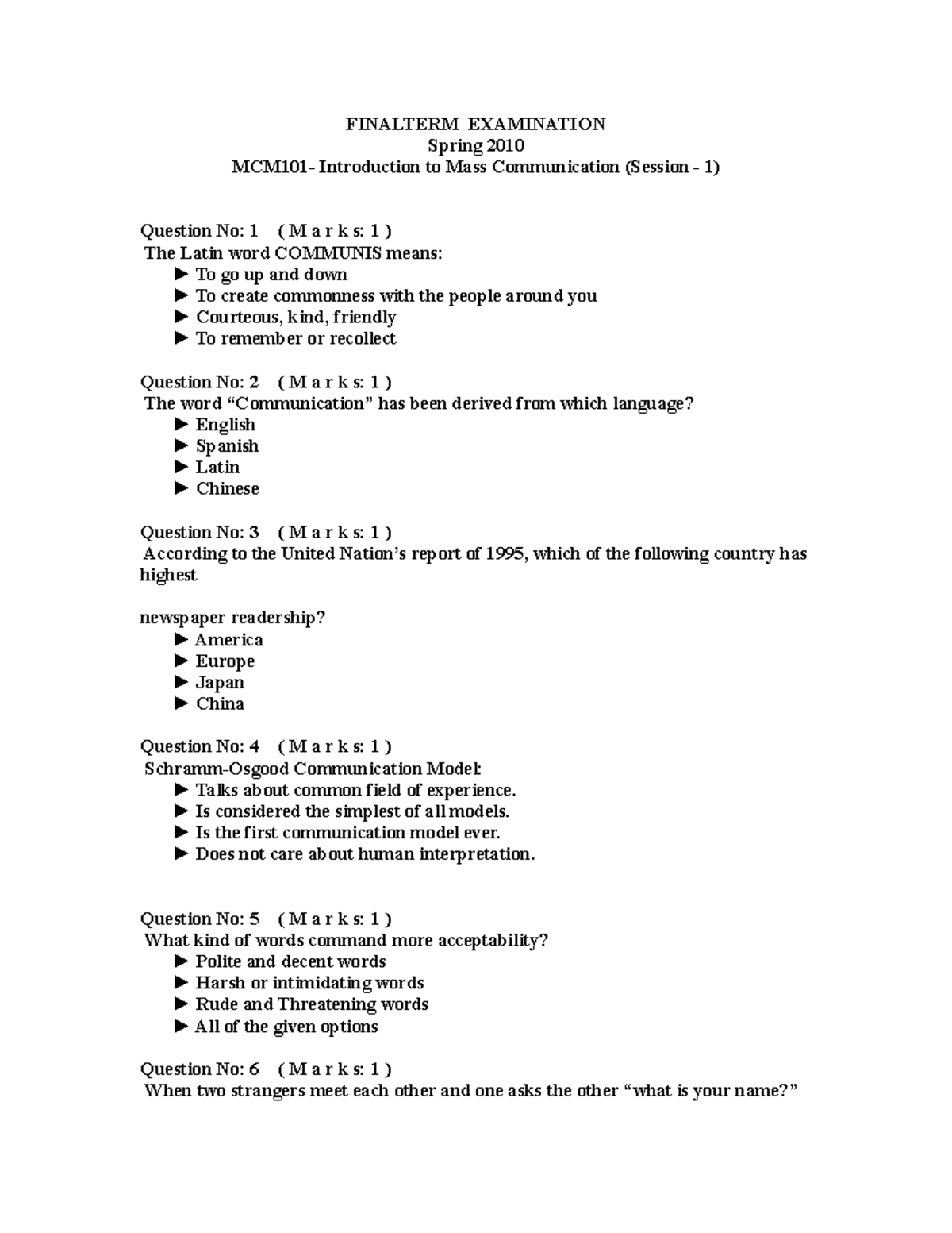 Introduction to Mass Communication - MCM101 Spring 2010 Final Term ...