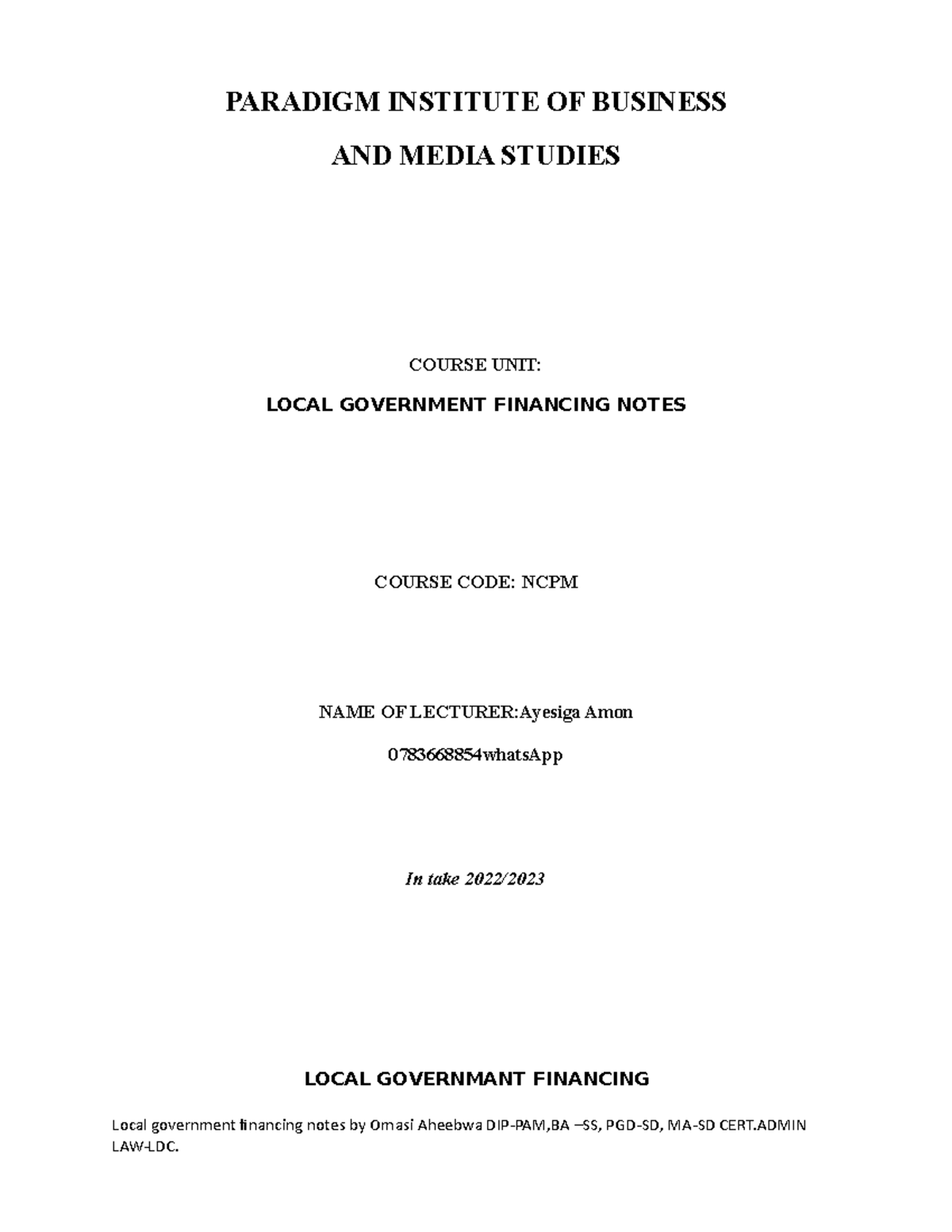 Local government financing notes - PARADIGM INSTITUTE OF BUSINESS AND ...