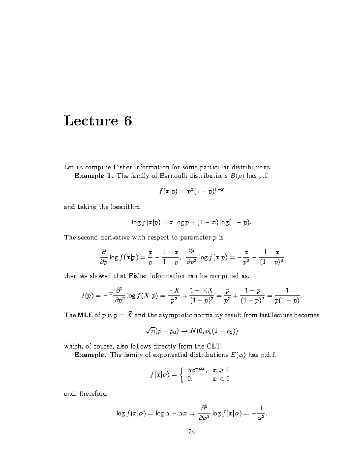 Rao-Cramer inequality - Lecture 6 Let us compute Fisher information for ...