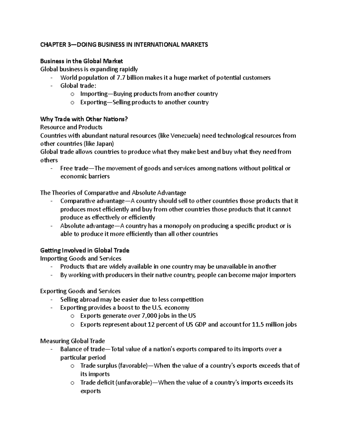 9:12:2022 Notes - CHAPTER 3—DOING BUSINESS IN INTERNATIONAL MARKETS ...