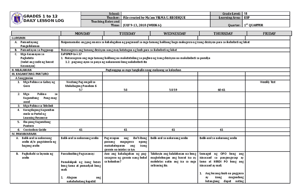 DLL ESP 6 Q1 W6 - GRADES 1 to 12 DAILY LESSON LOG School: Grade Level ...