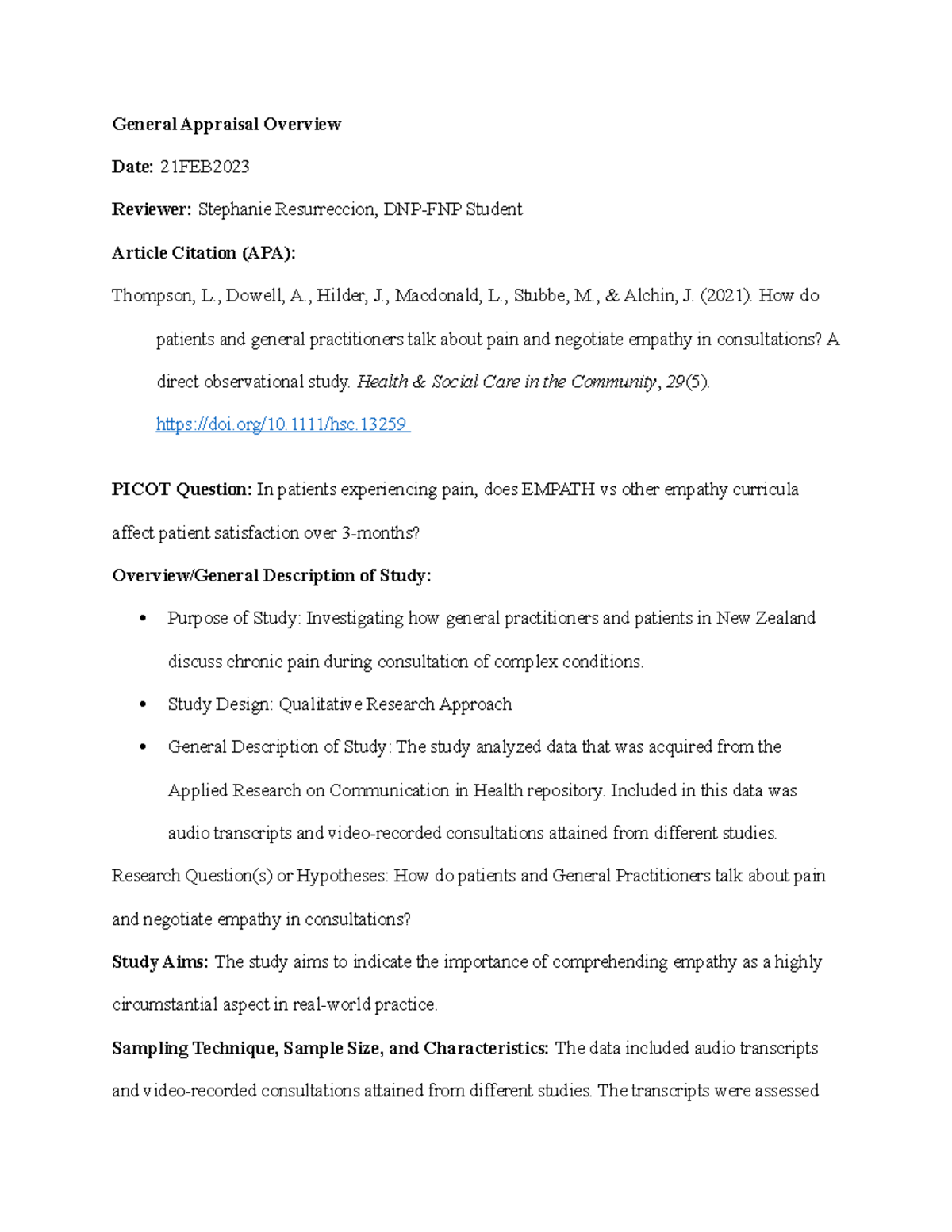 S R Critical Appraisal - General Appraisal Overview Date: 21FEB ...