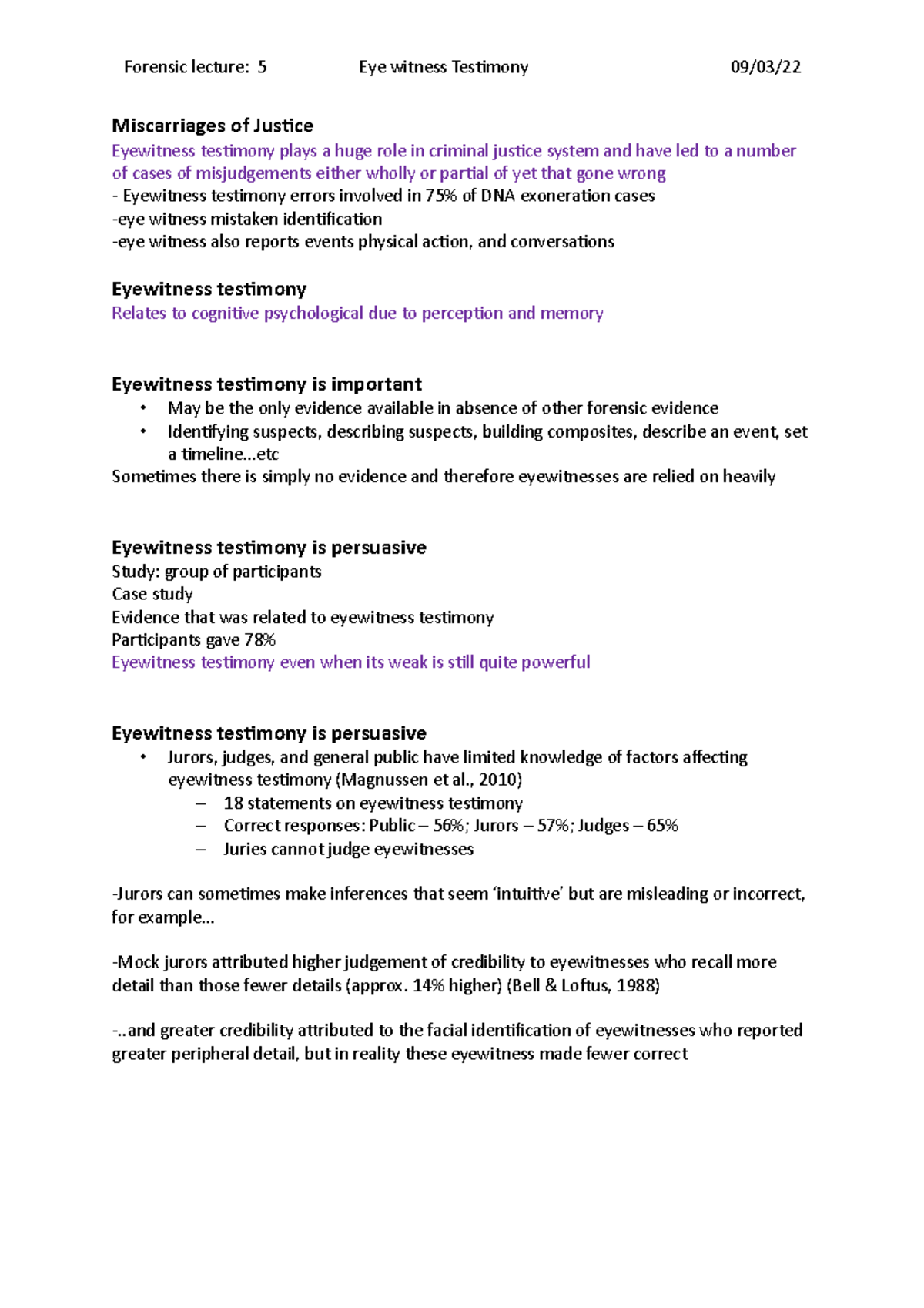 Lecture 5 - eye witness testimony - Miscarriages of Justice Eyewitness ...