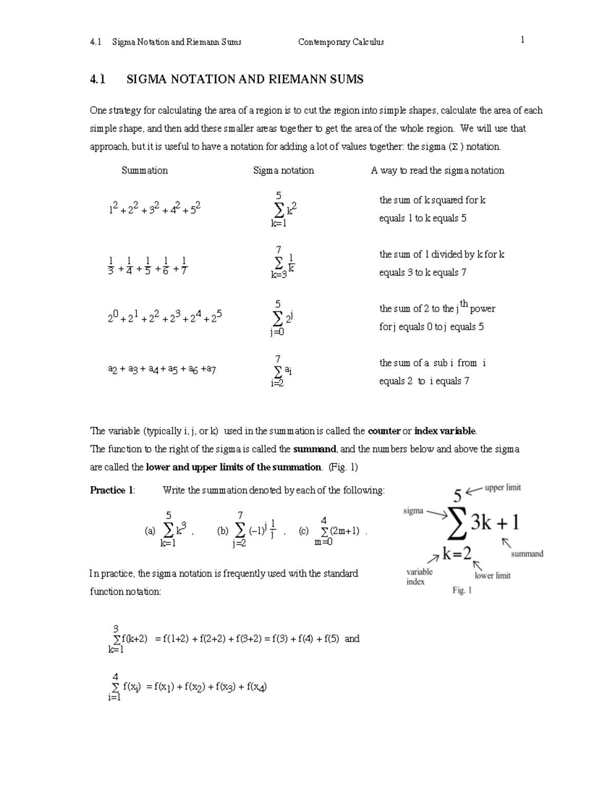 CC 4 1 Sigma Not - notes - 4 SIGMA NOTATION AND RIEMANN SUMS One ...