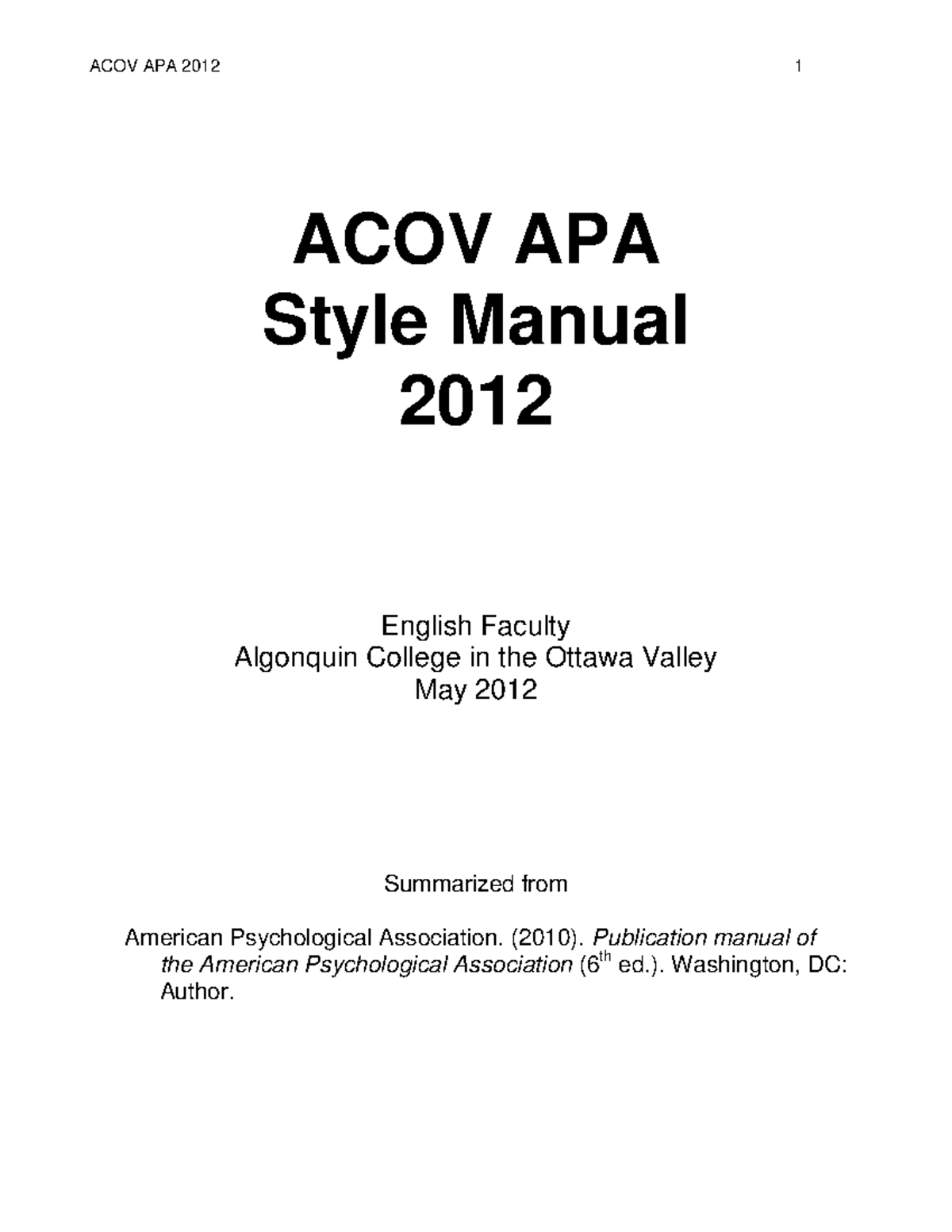 ACOV APA Guide 2012 - Economics - ACOV APA Style Manual 2012 English ...