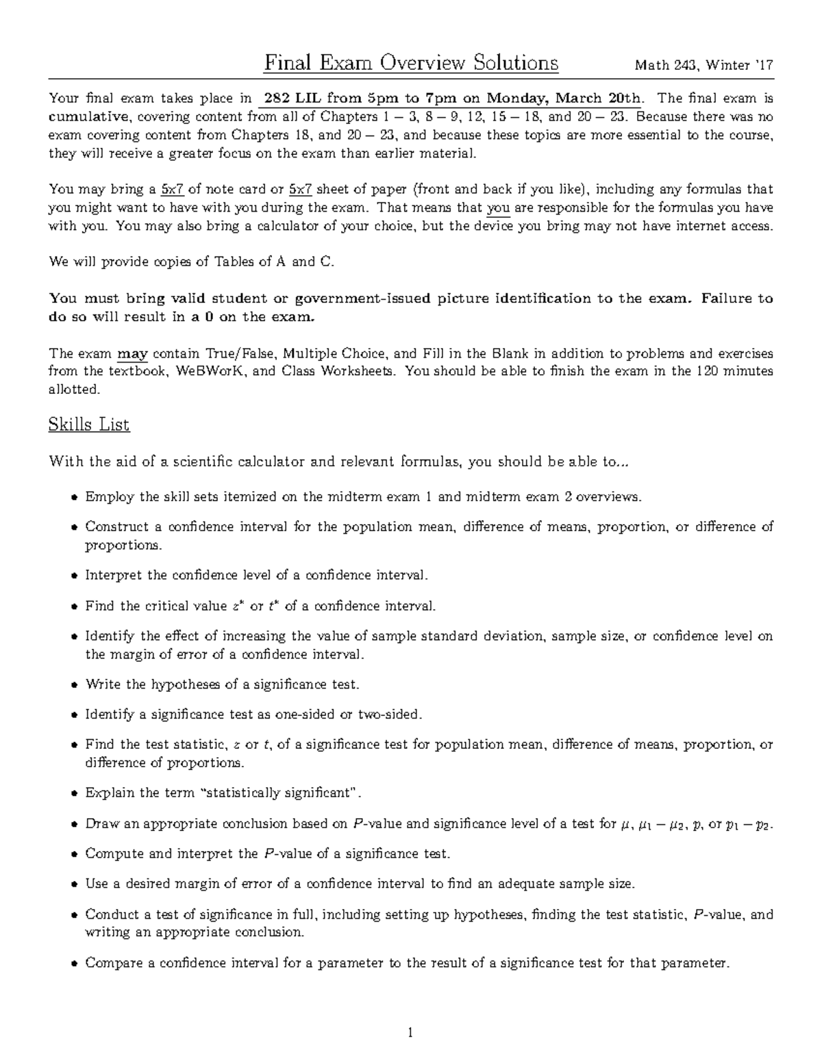 Final Exam Overview Solutions (M243, Winter '17) - Final Exam Overview ...