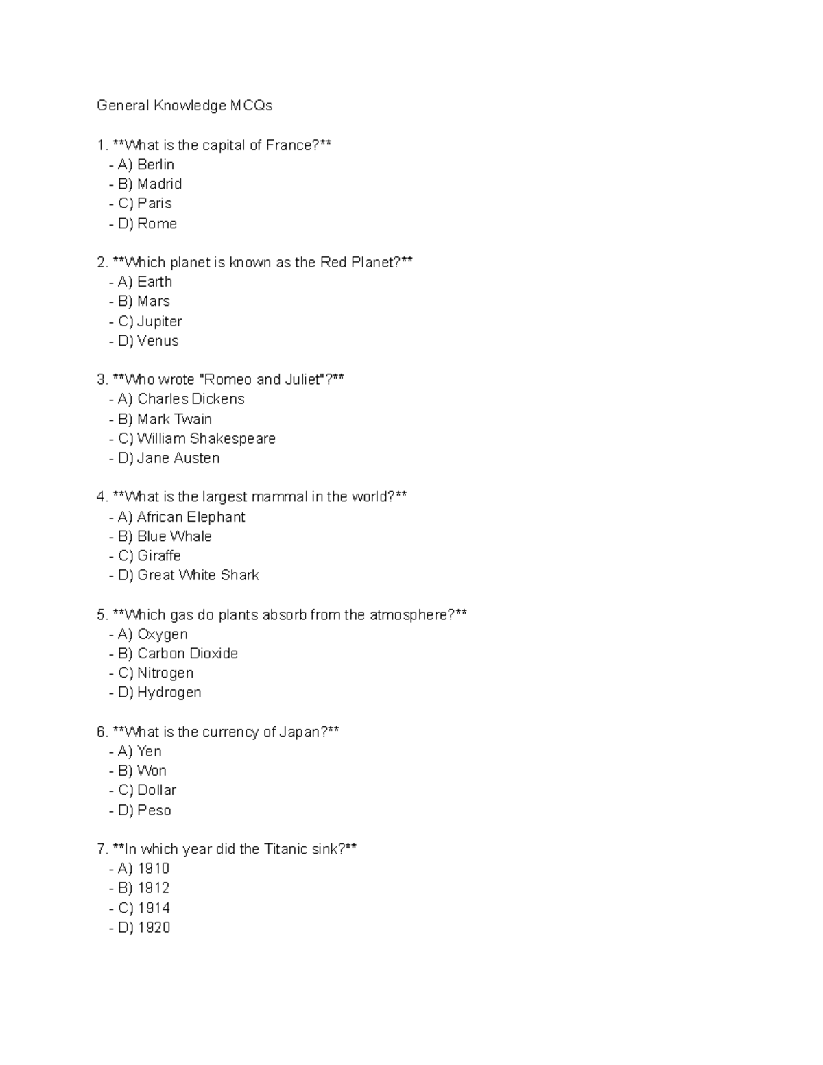 General Knowledge MCQs for UB students - General Knowledge MCQs What is the capital of France? A ...