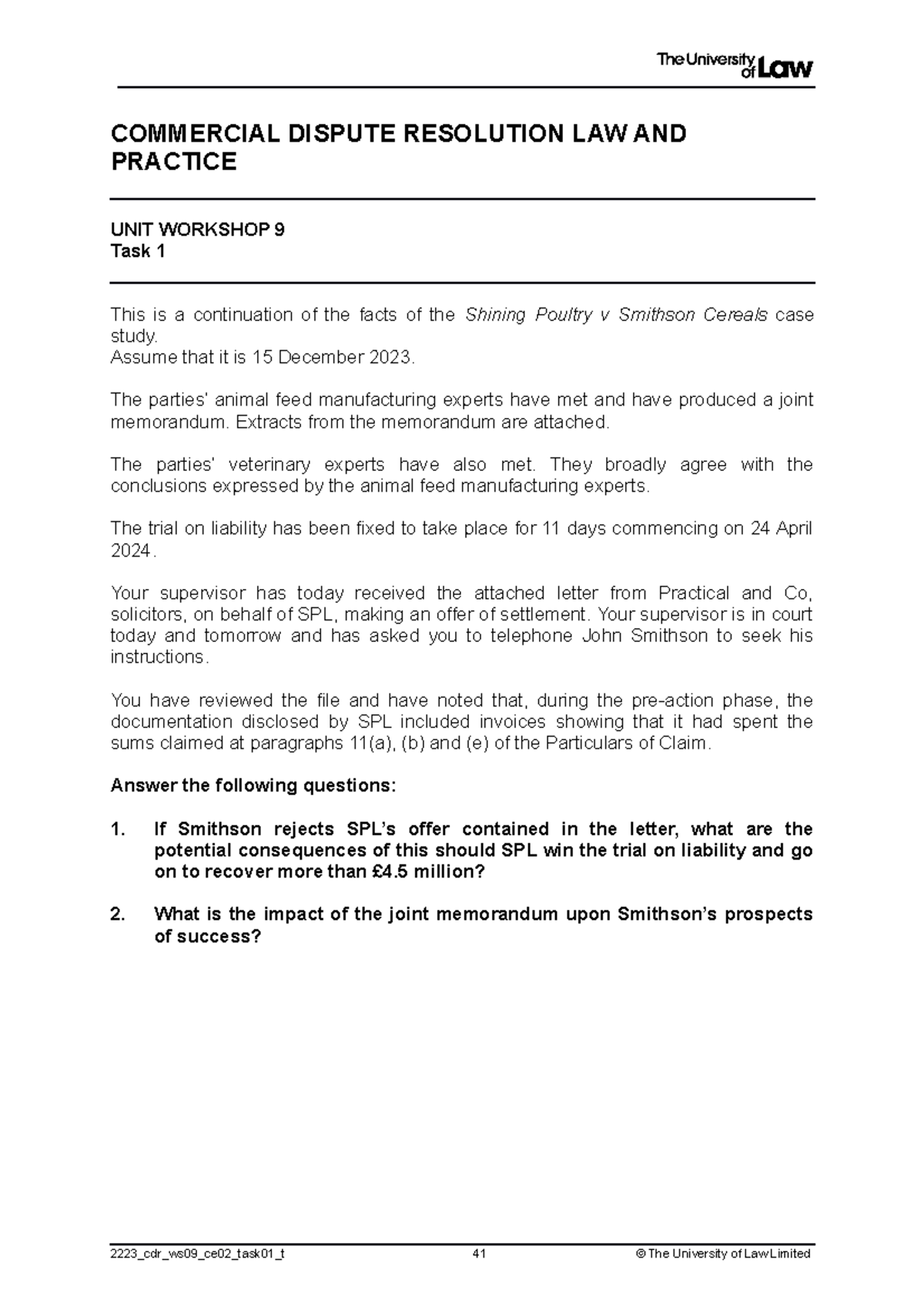 2223 cdr ws09 ce02 task01 t - COMMERCIAL DISPUTE RESOLUTION LAW AND ...