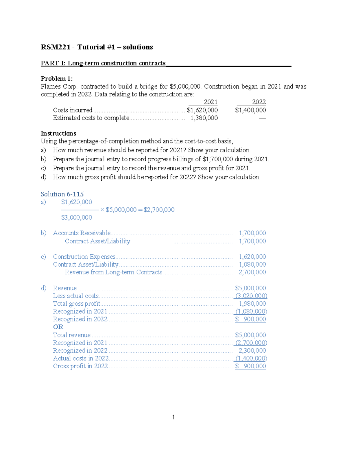 RSM221 TUT1 SOLS - RSM221 - Tutorial #1 – solutions PART I: Long-term construction - Studocu