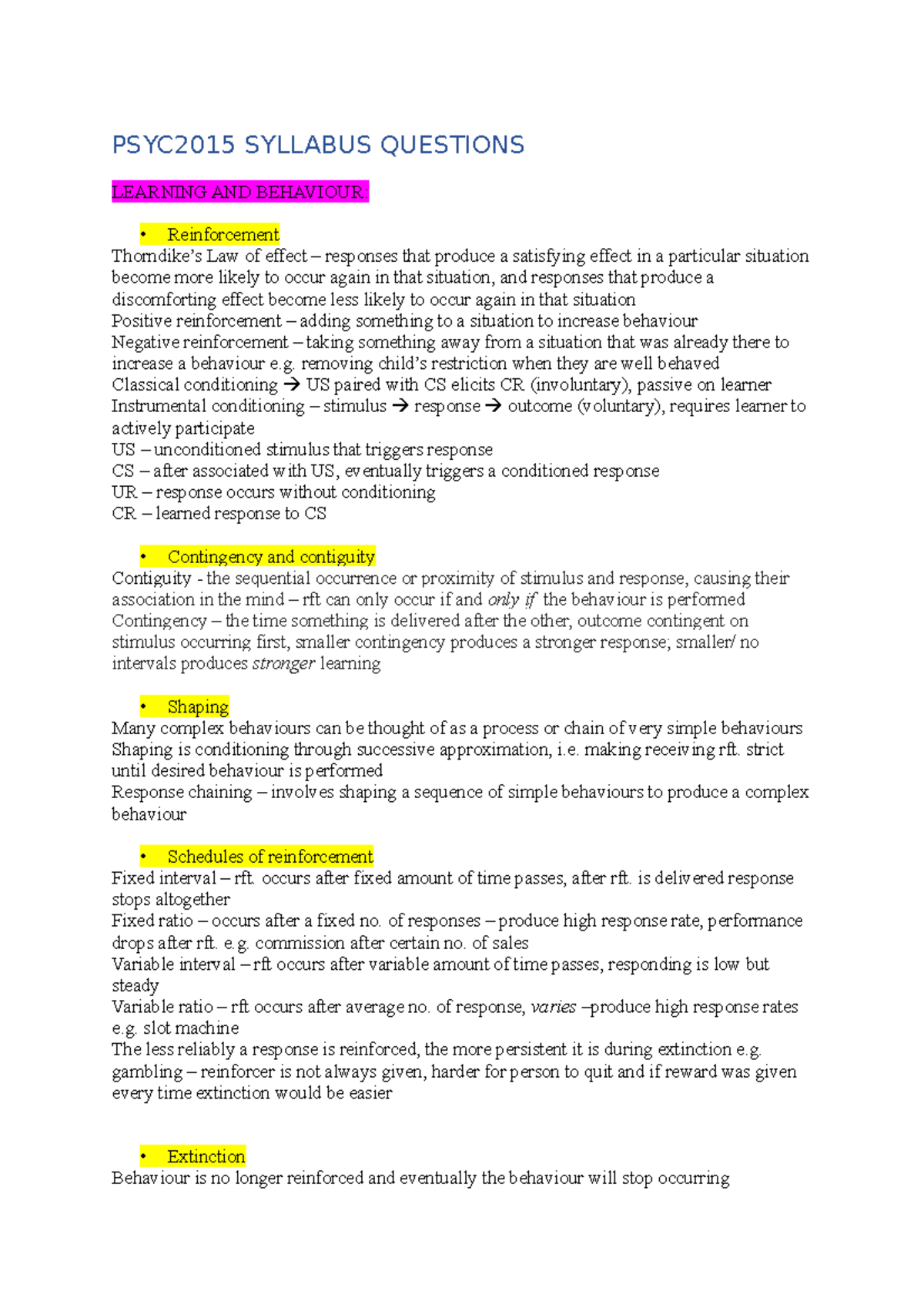 PSYC2015 Syllabus Questions - PSYC2015 SYLLABUS QUESTIONS LEARNING AND BEHAVIOUR: Reinforcement ...