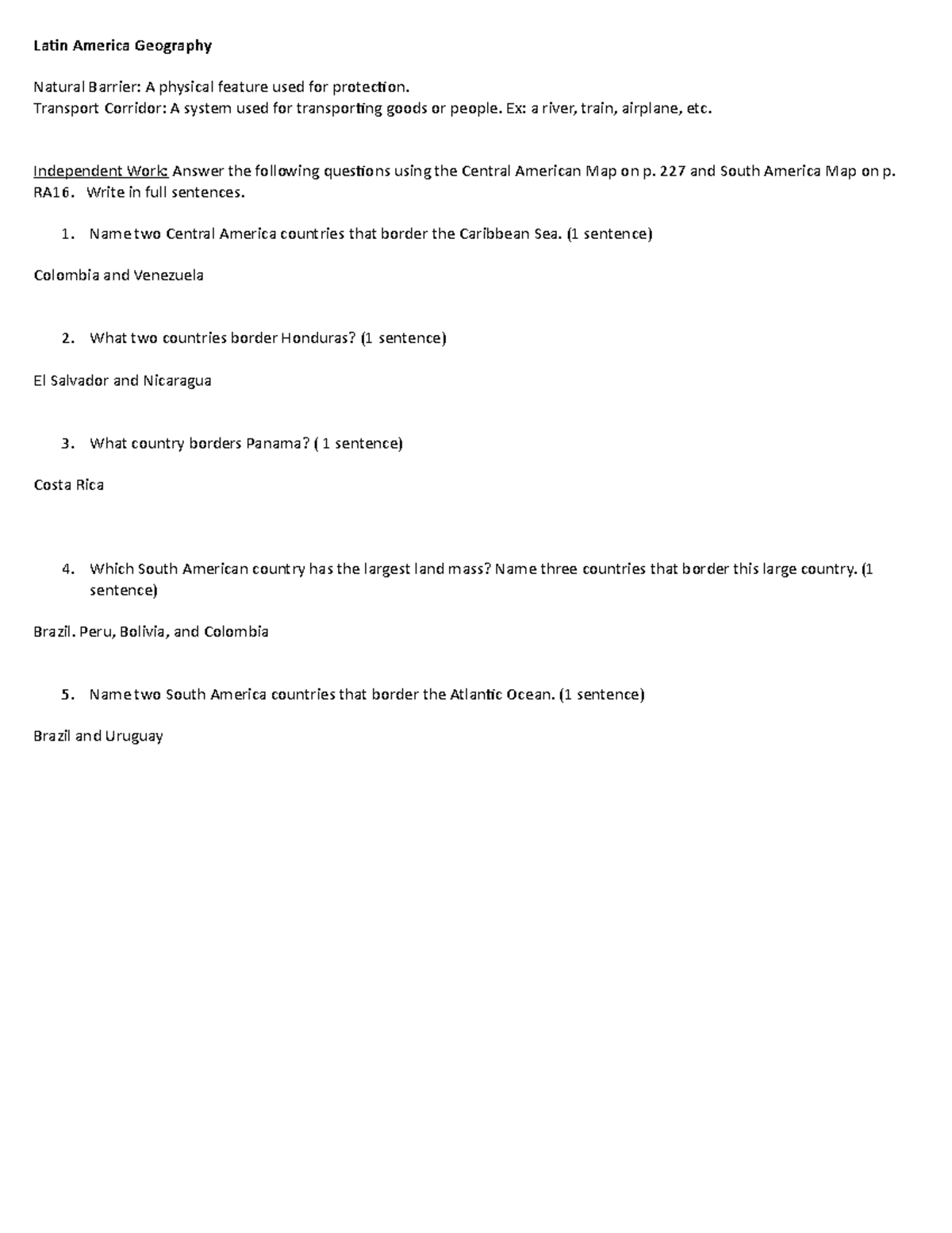 Latin America Geography sheet - Latin America Geography Natural Barrier ...