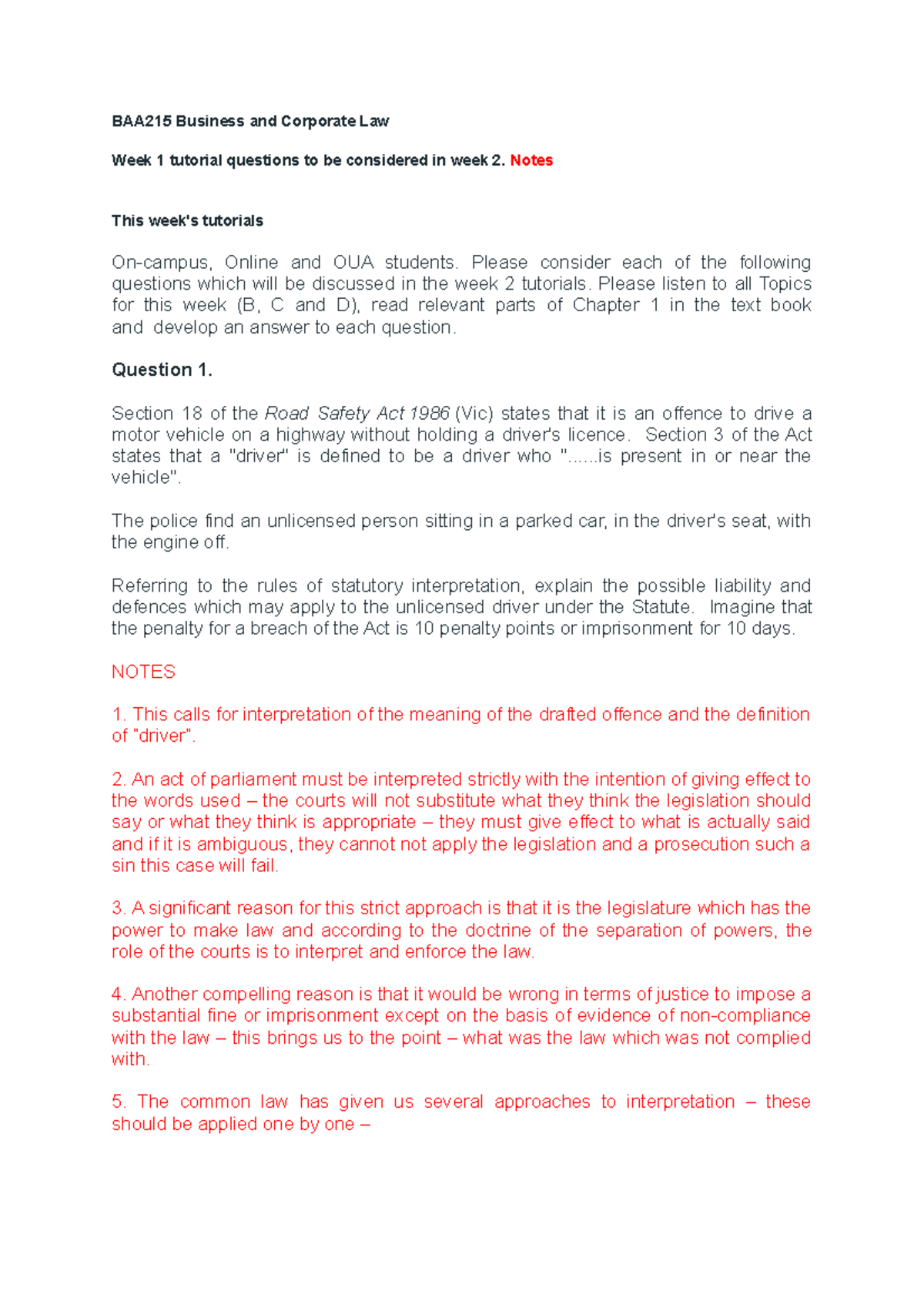 Week 1 tutorial question Notes - BAA215 Business and Corporate Law Week ...