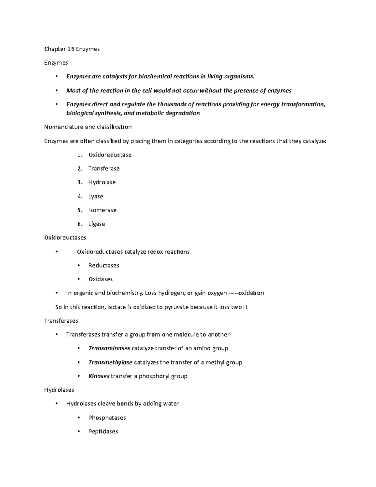 Chapter 19 notes - Chapter 19 Enzymes Enzymes - Enzymes are catalysts ...