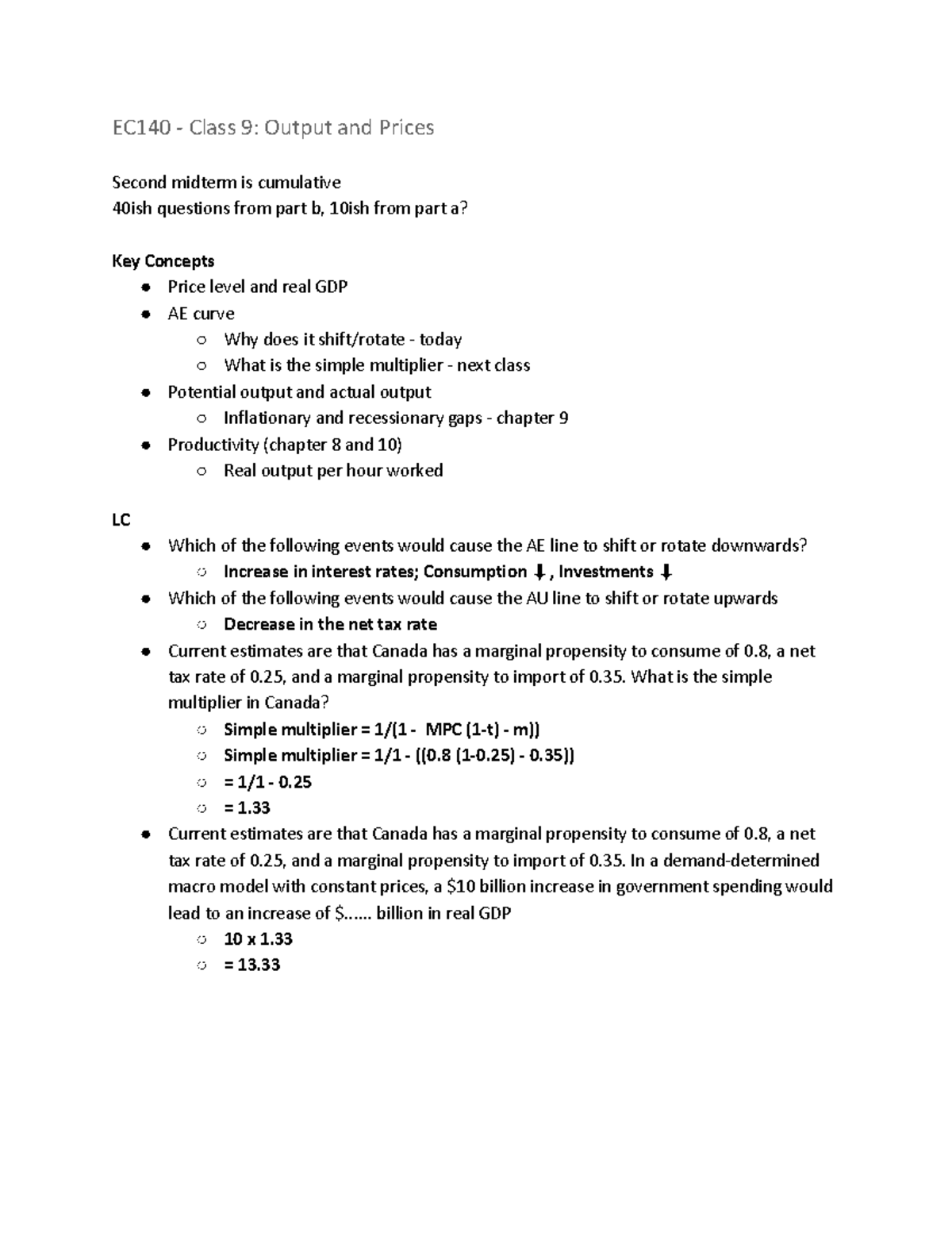 EC140 - Class 9 Output and Prices - EC140 - Class 9: Output and Prices ...