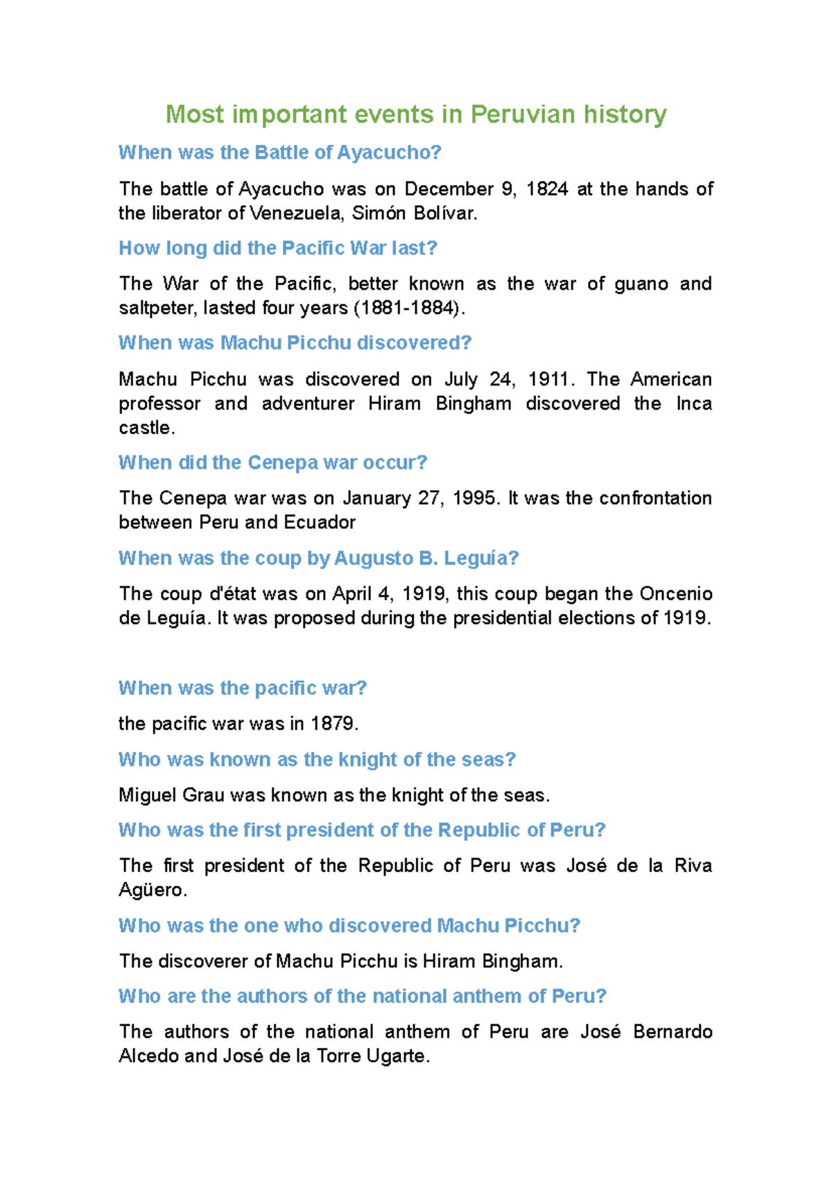 Who knows more about Peruvian History - Most important events in ...
