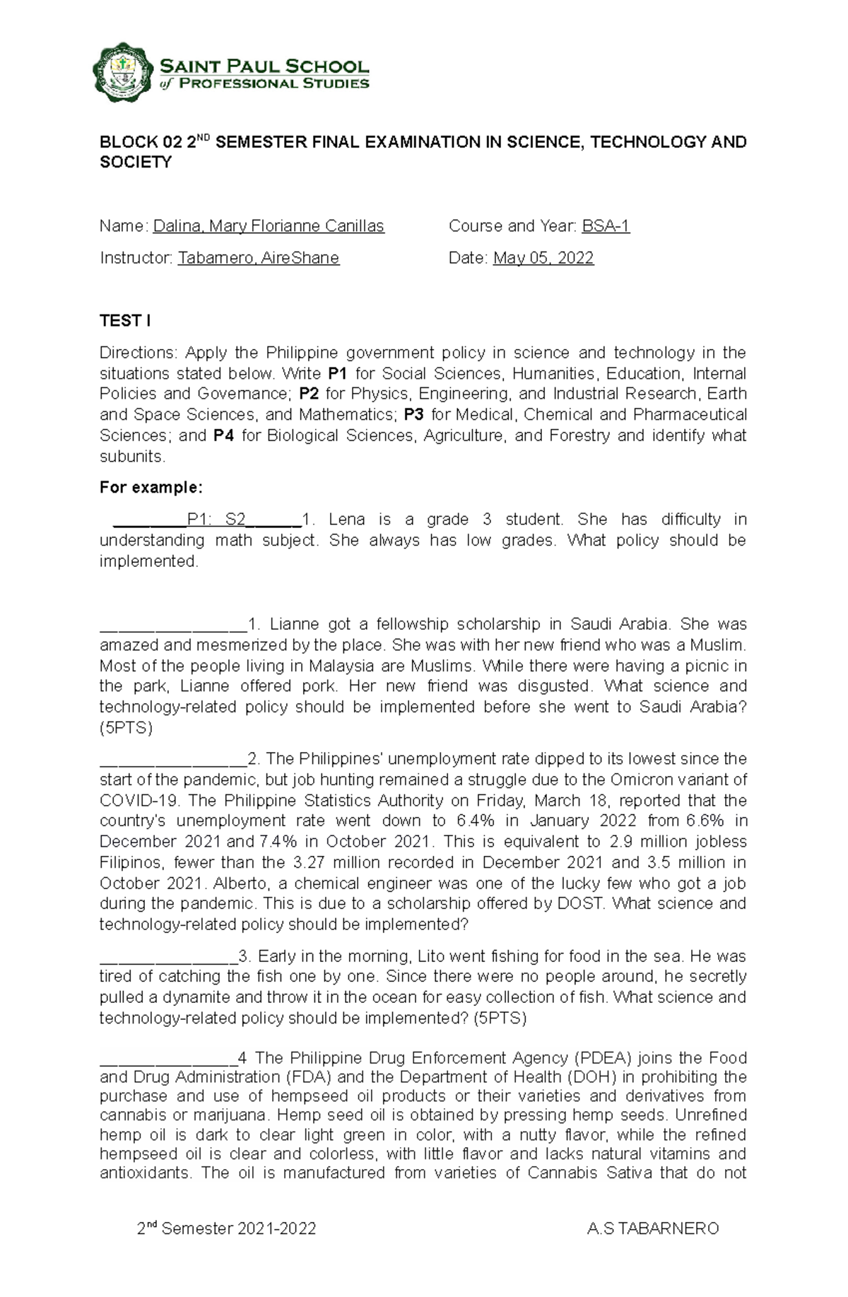 Block 02 2ND Semester Final Examination IN Science - BLOCK 02 2ND ...