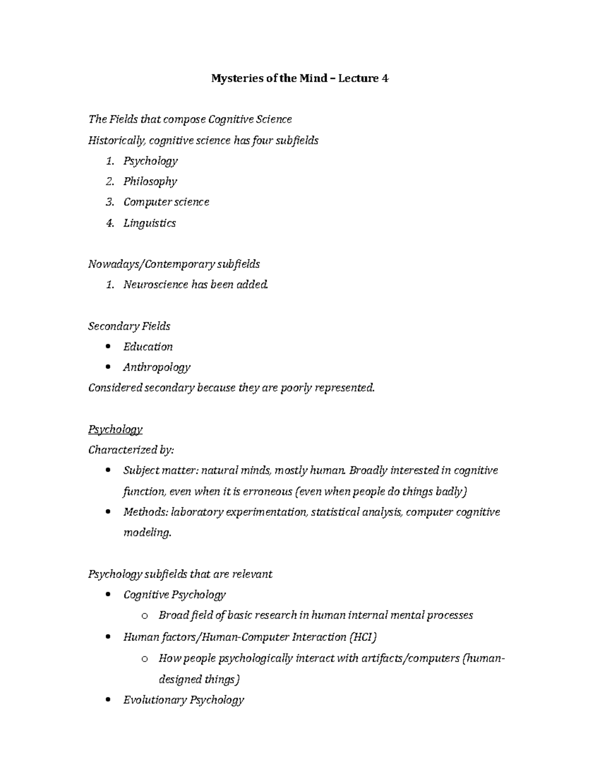 Mysteries of the Mind – Lecture 4 - Mysteries of the Mind – Lecture 4 ...