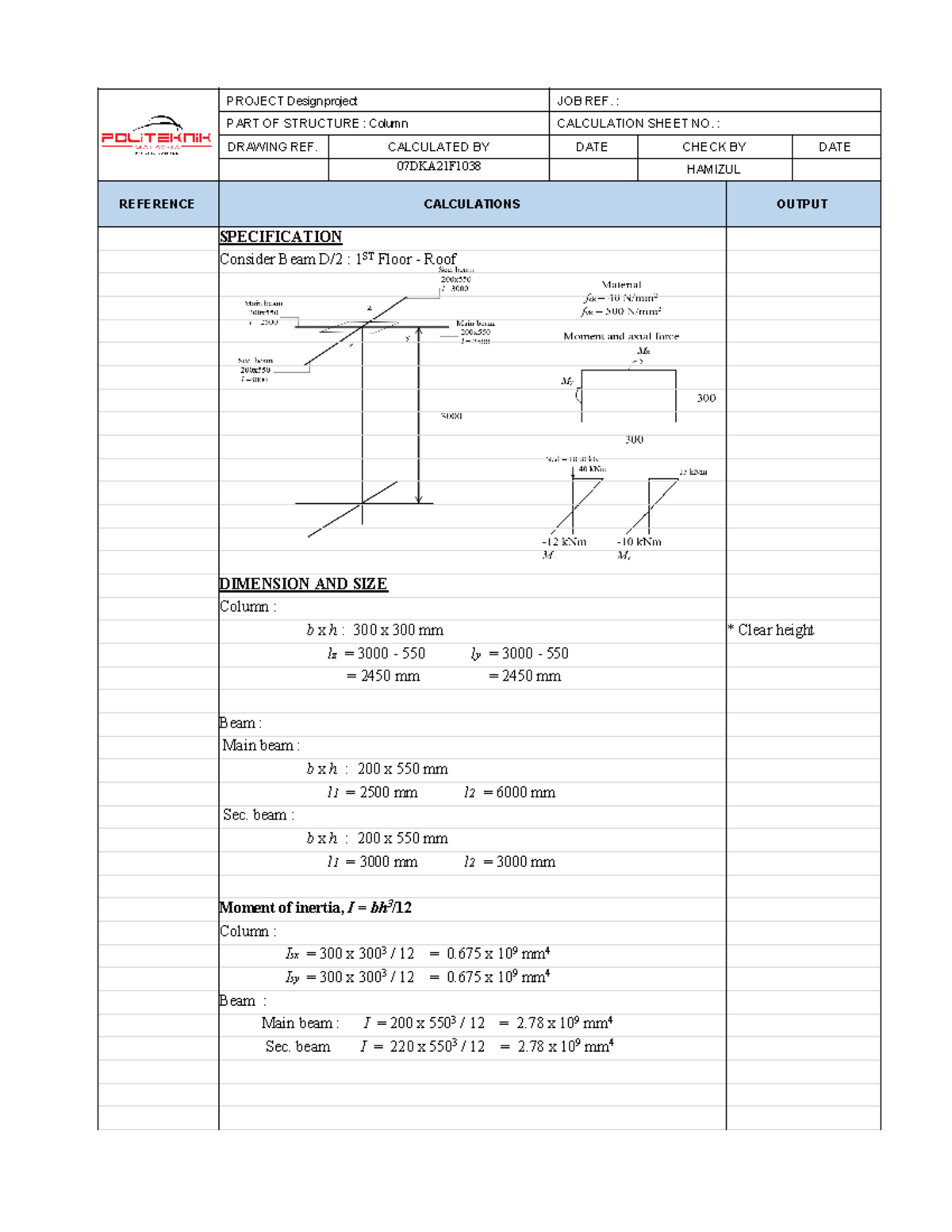 Column 1 - PROJECT Design project JOB REF. : PART OF STRUCTURE : Column CALCULATION SHEET NO ...