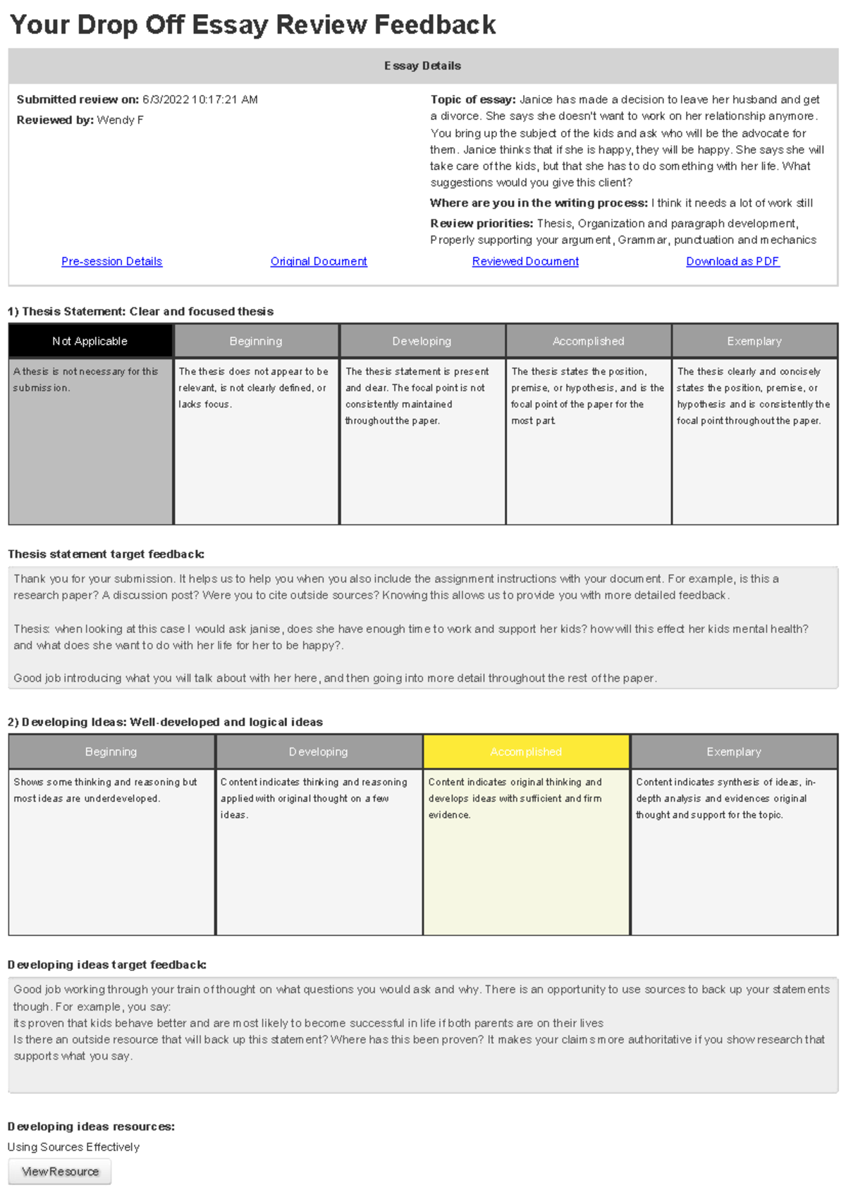 Summary Feedback Form PDF - Essay Details Submitted review on: 6/3/2022 ...