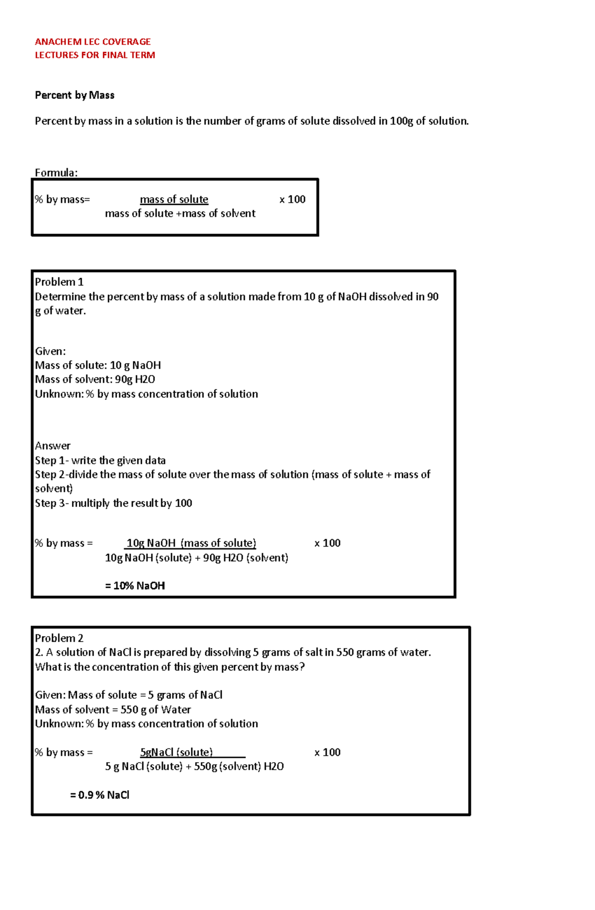 Analytical Chemistry LEC Coverage Final ( Formulas and Solutions ...