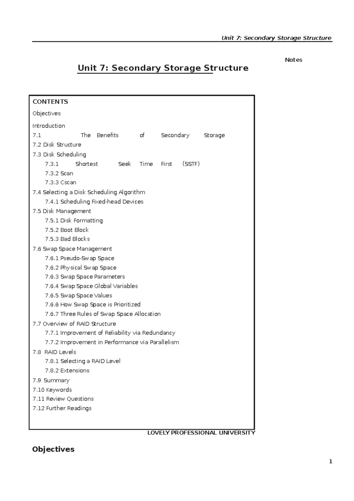 Unit 7 - notes - Notes Unit 7: Secondary Storage Structure CONTENTS ...