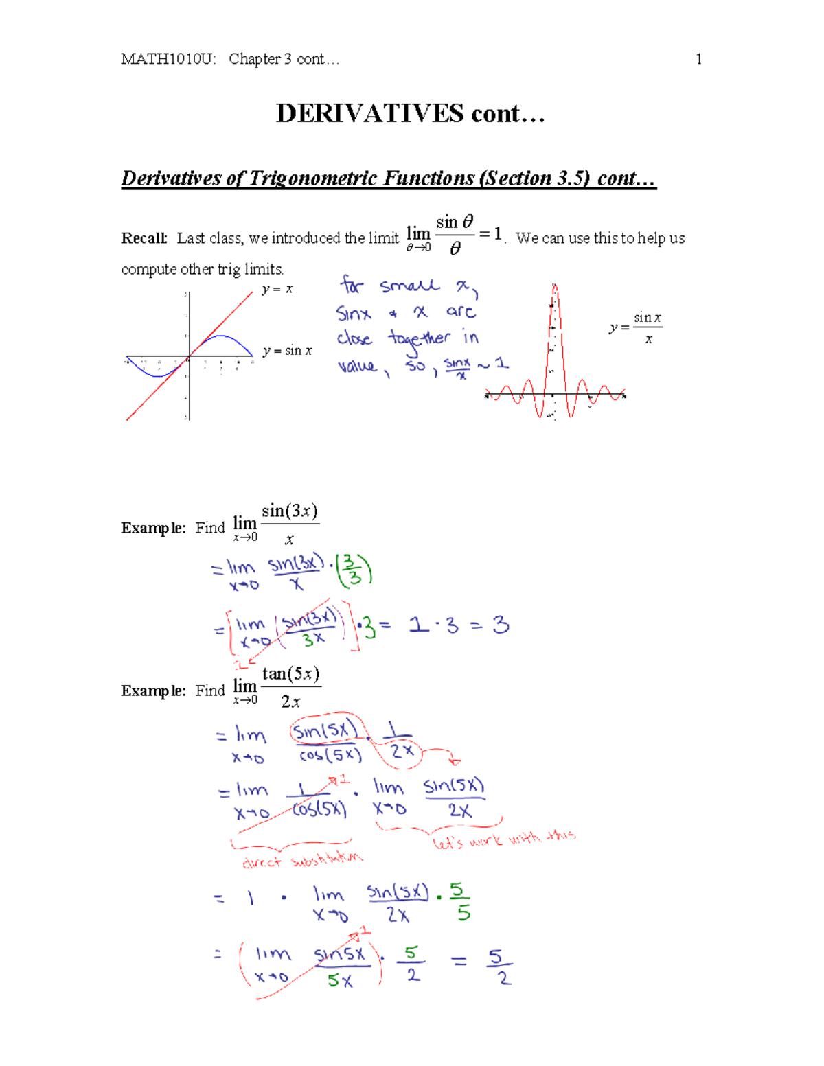 Mod4b chainimplicit complete - DERIVATIVES cont& Derivatives of Trigonometric Functions (Section ...