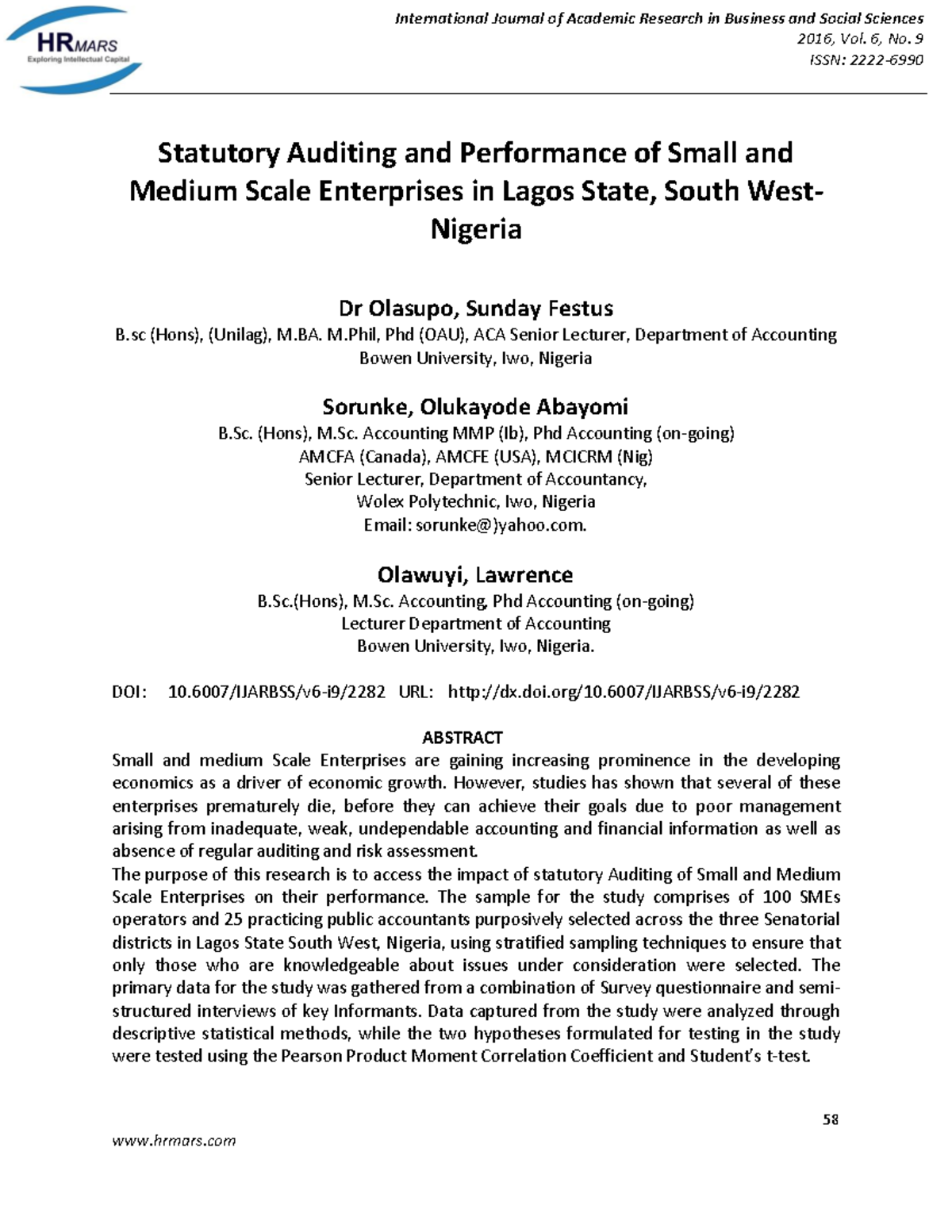 Statutory Auditing and Performance of Small and Medium Scale Enterprises in Lagos State, South ...