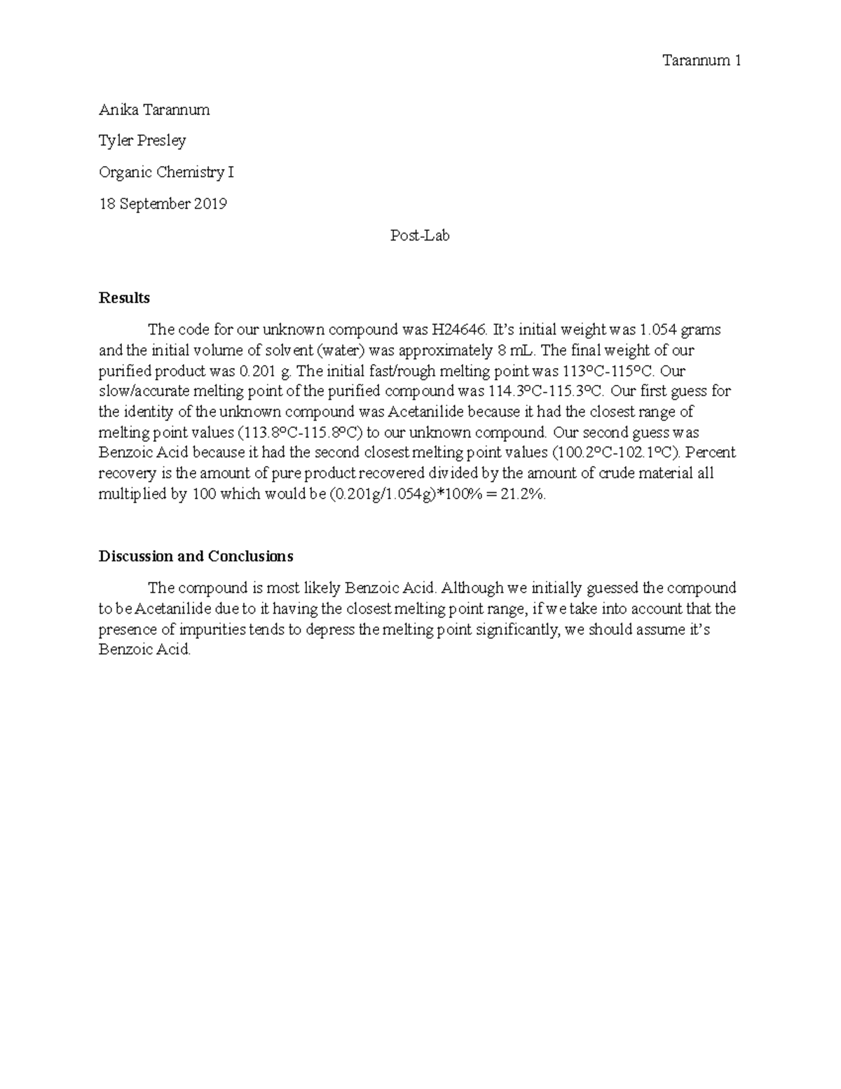 Post-Lab 1 - Write up for post-lab 1 - Tarannum 1 Anika Tarannum Tyler ...