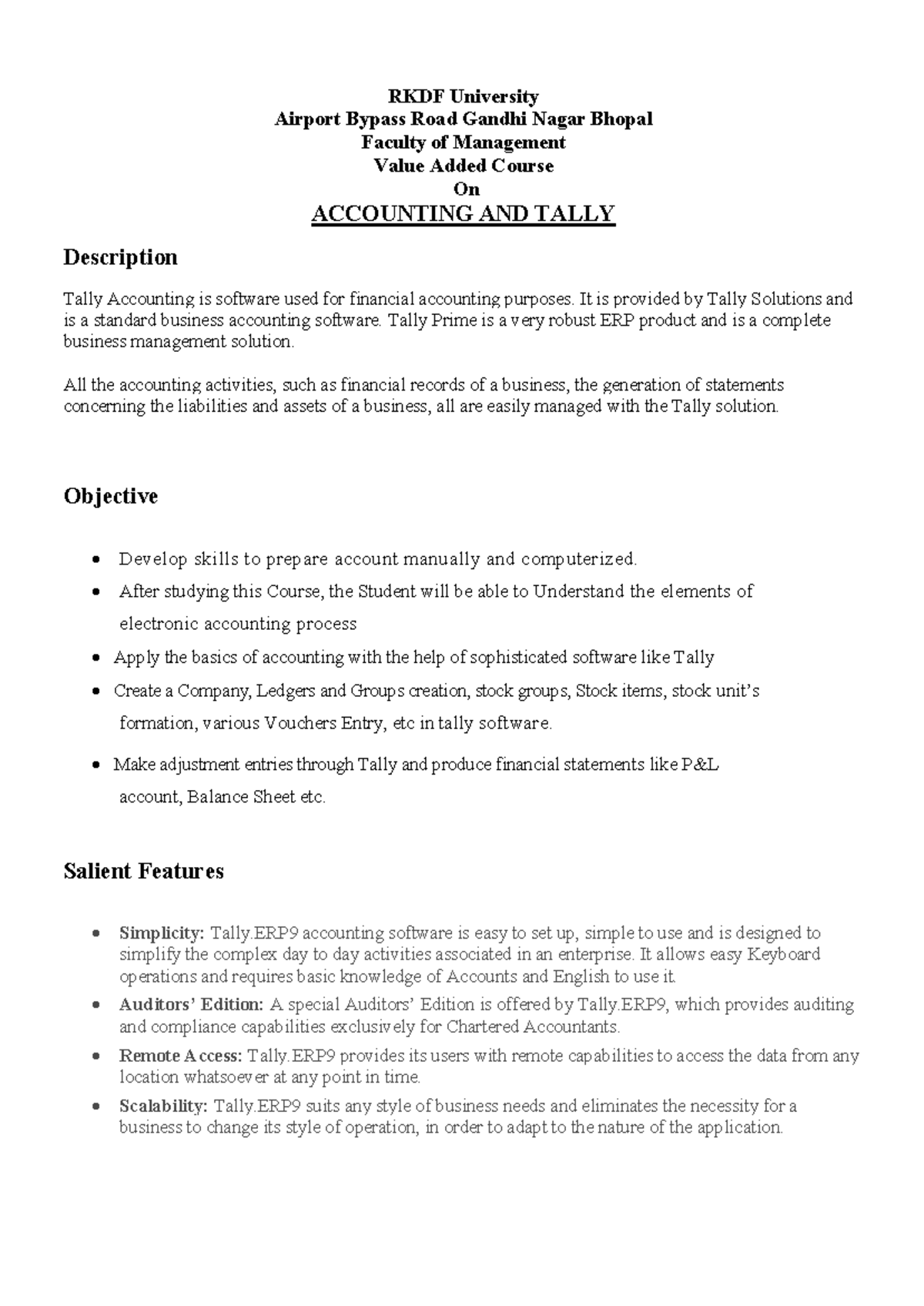 Accounting and Tally - RKDF University Airport Bypass Road Gandhi Nagar Bhopal Faculty of ...