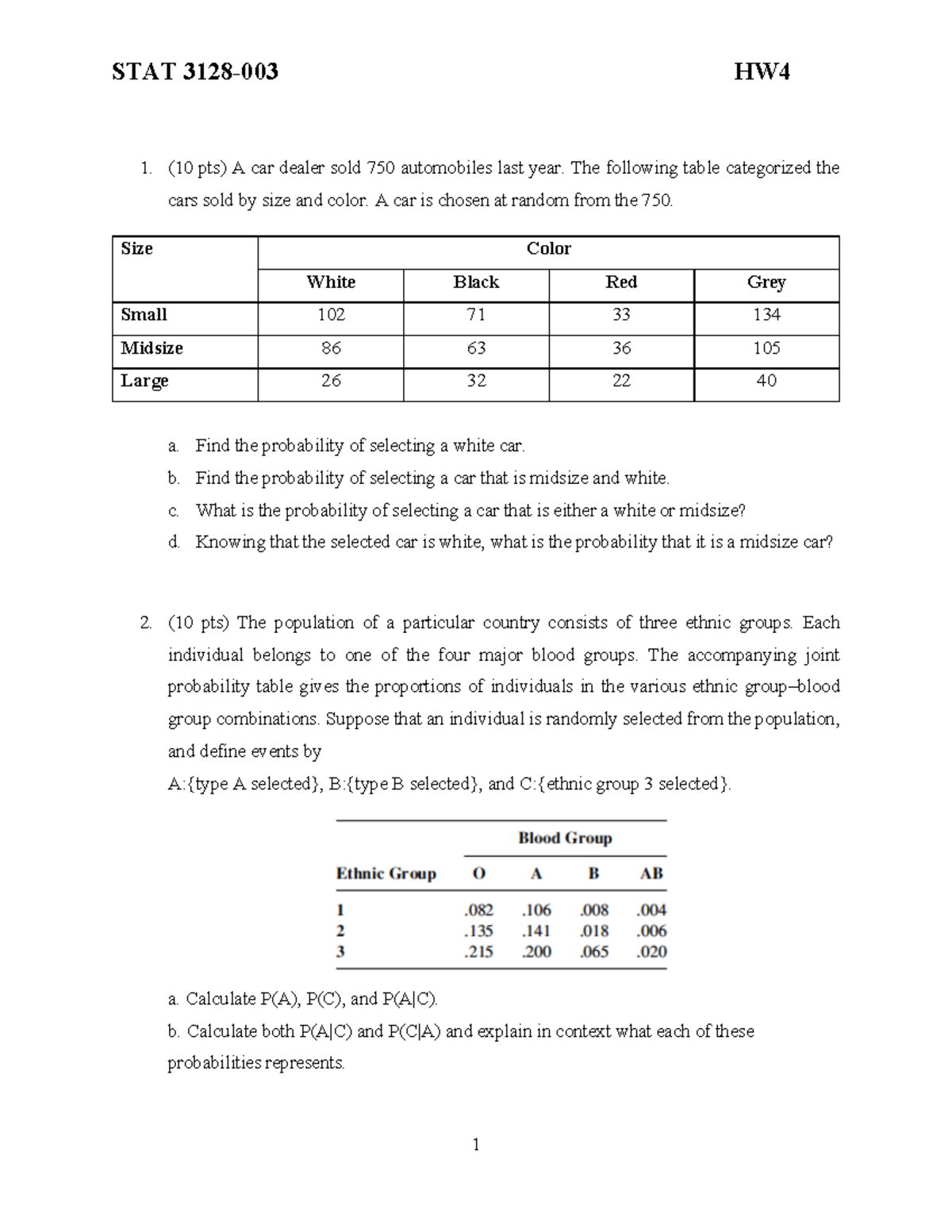 HW4 - STAT 3128- 003 HW 4 1 (10 pts) A car dealer sold 750 automobiles last year. The following ...
