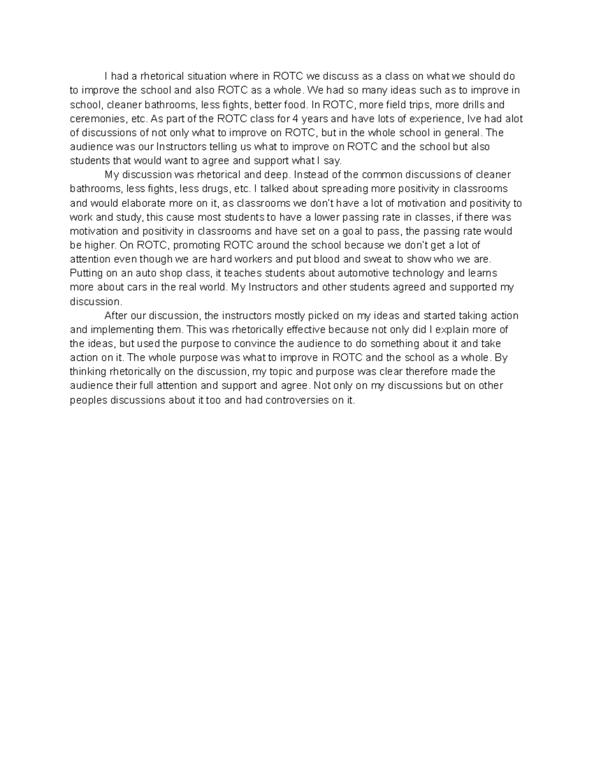 Writing Task 2-6 - Worksheet - I had a rhetorical situation where in ROTC we discuss as a class ...