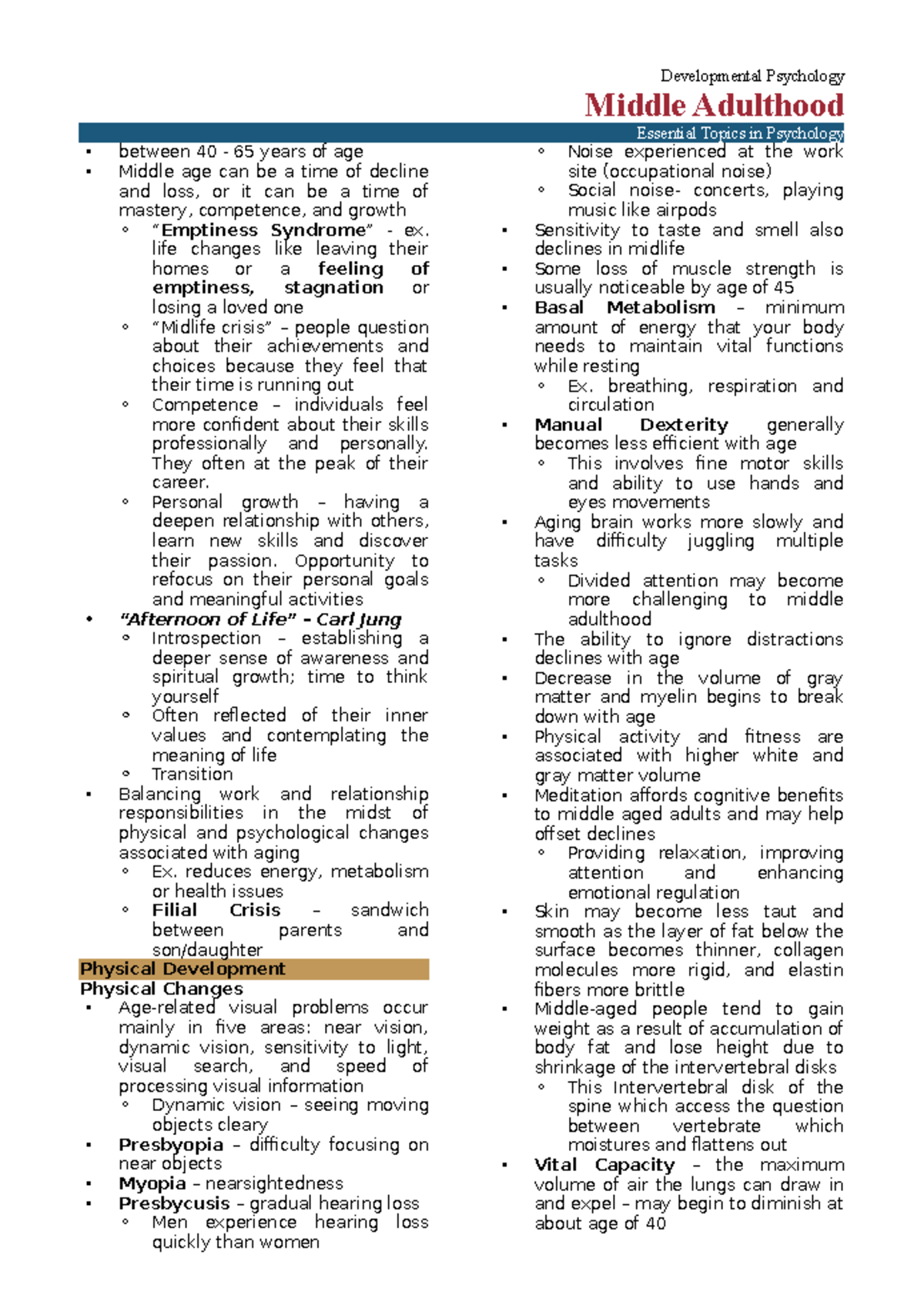 Midde Adulthood - Notes - Middle Adulthood Essential Topics in ...