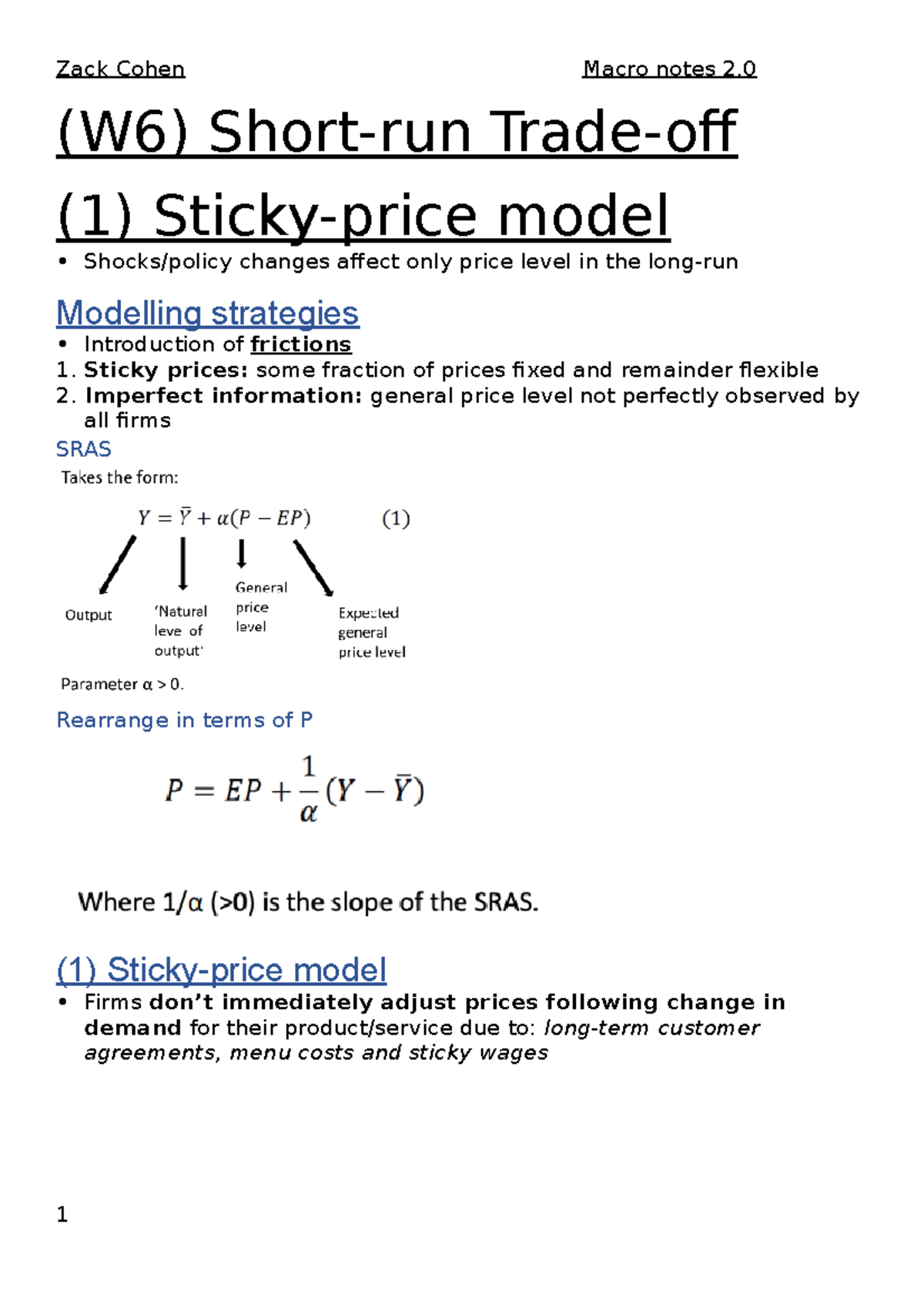 Macro Notes 2 - (W6) Short-run Trade-of (1) Sticky-price model Shocks ...