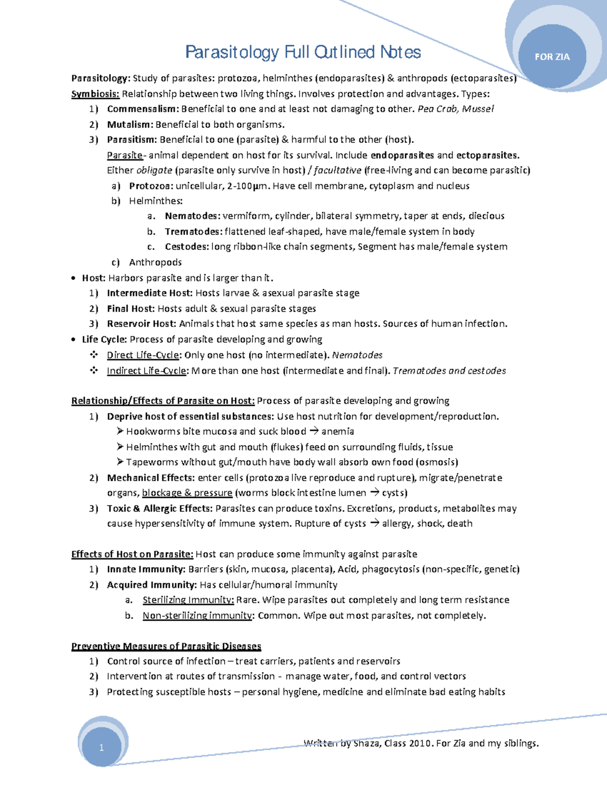 Parasitology- Shaza - Lecture notes 1-10 - Written by Shaza, Class 2010 ...