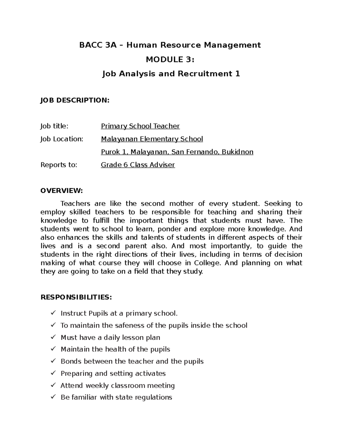BACC 3 A - Human Resource Management - Module 3 - Job Analysis and ...