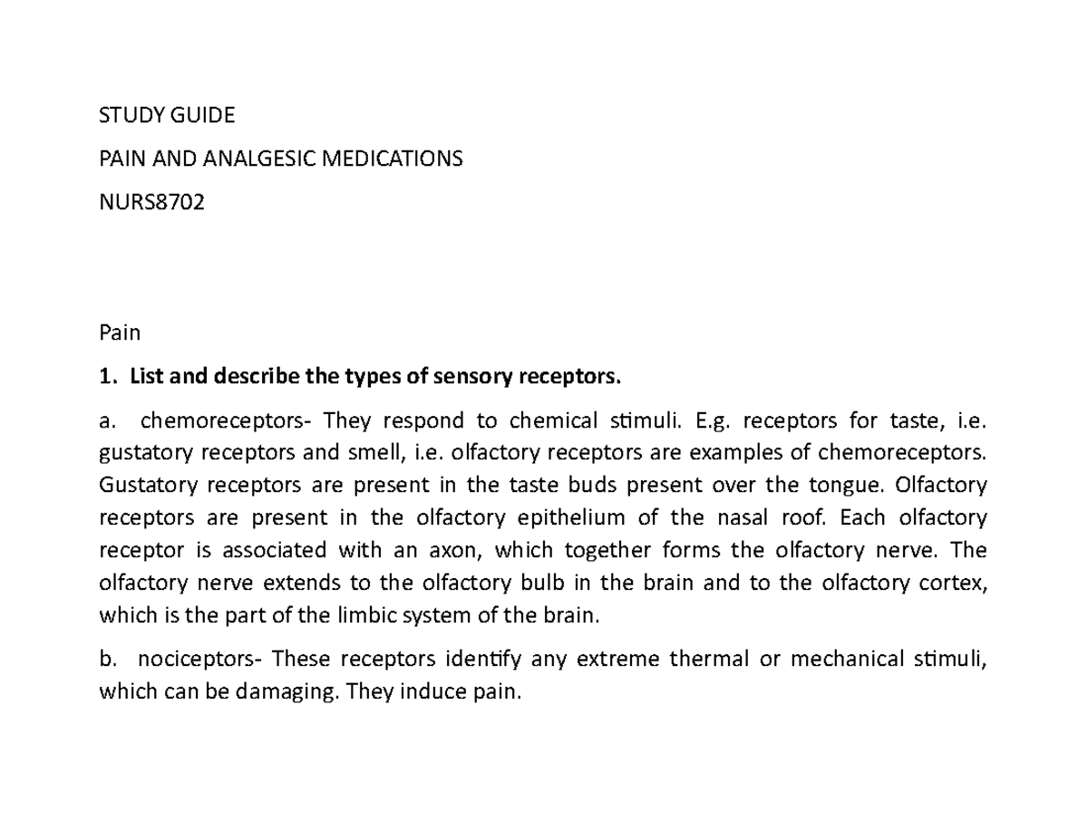 Week 9 - Pain and analgesic Meds Study Guide - STUDY GUIDE PAIN AND ...