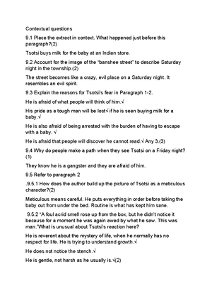 Tsotsi contextual questions - QUESTIONS CHAPTER 1 Identify why Tsotsi is silent for most of the ...