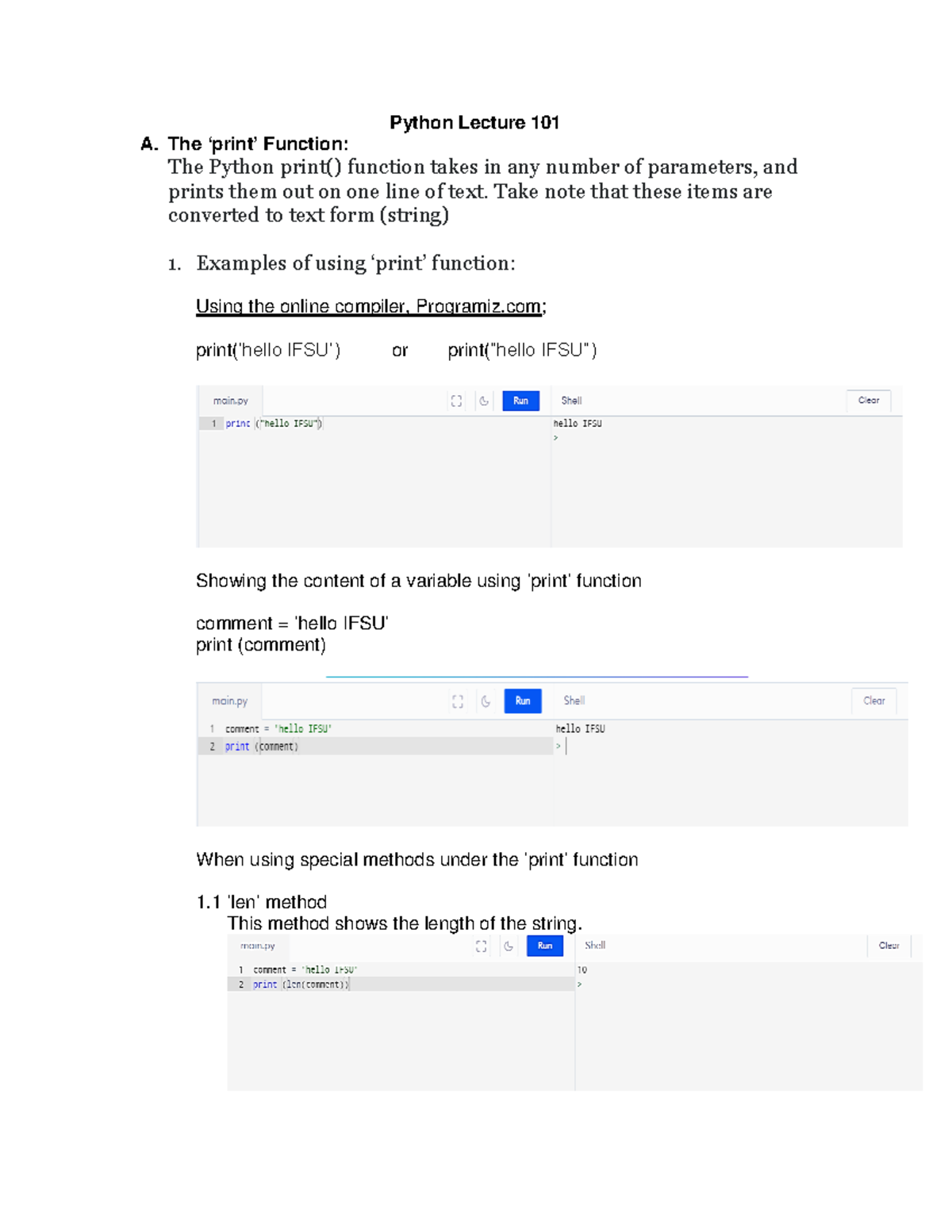 IPT Python-Lecture-101 turorial - Python Lecture 101 A. The ‘print ...