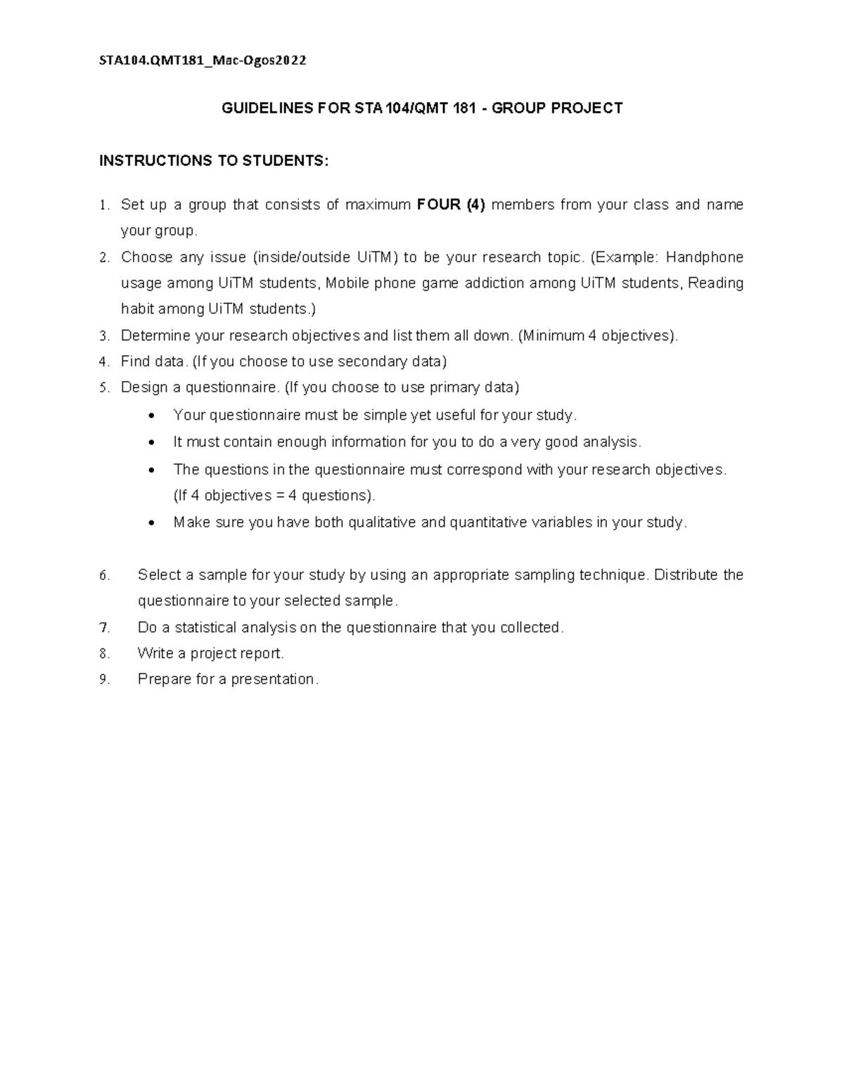 Guideline STA104 - GUIDELINES FOR STA104/QMT 181 - GROUP PROJECT ...