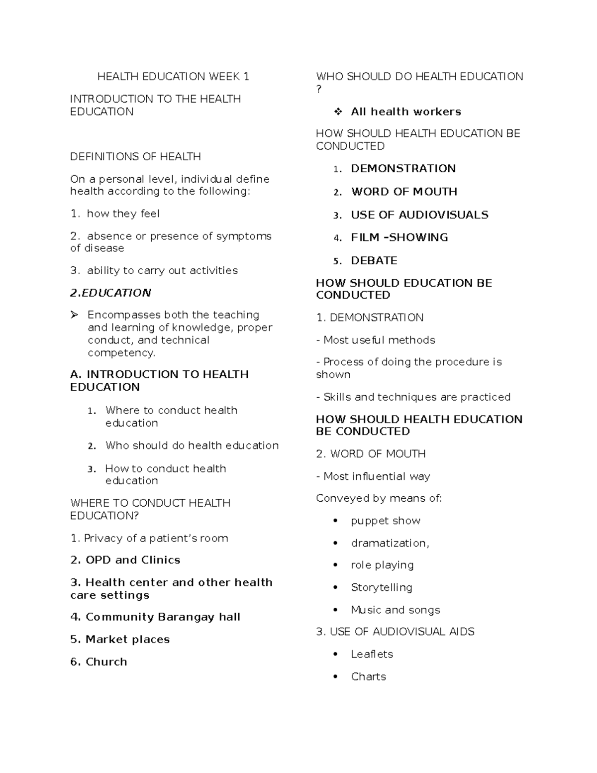 Health Education WEEK 1 - HEALTH EDUCATION WEEK 1 INTRODUCTION TO THE ...