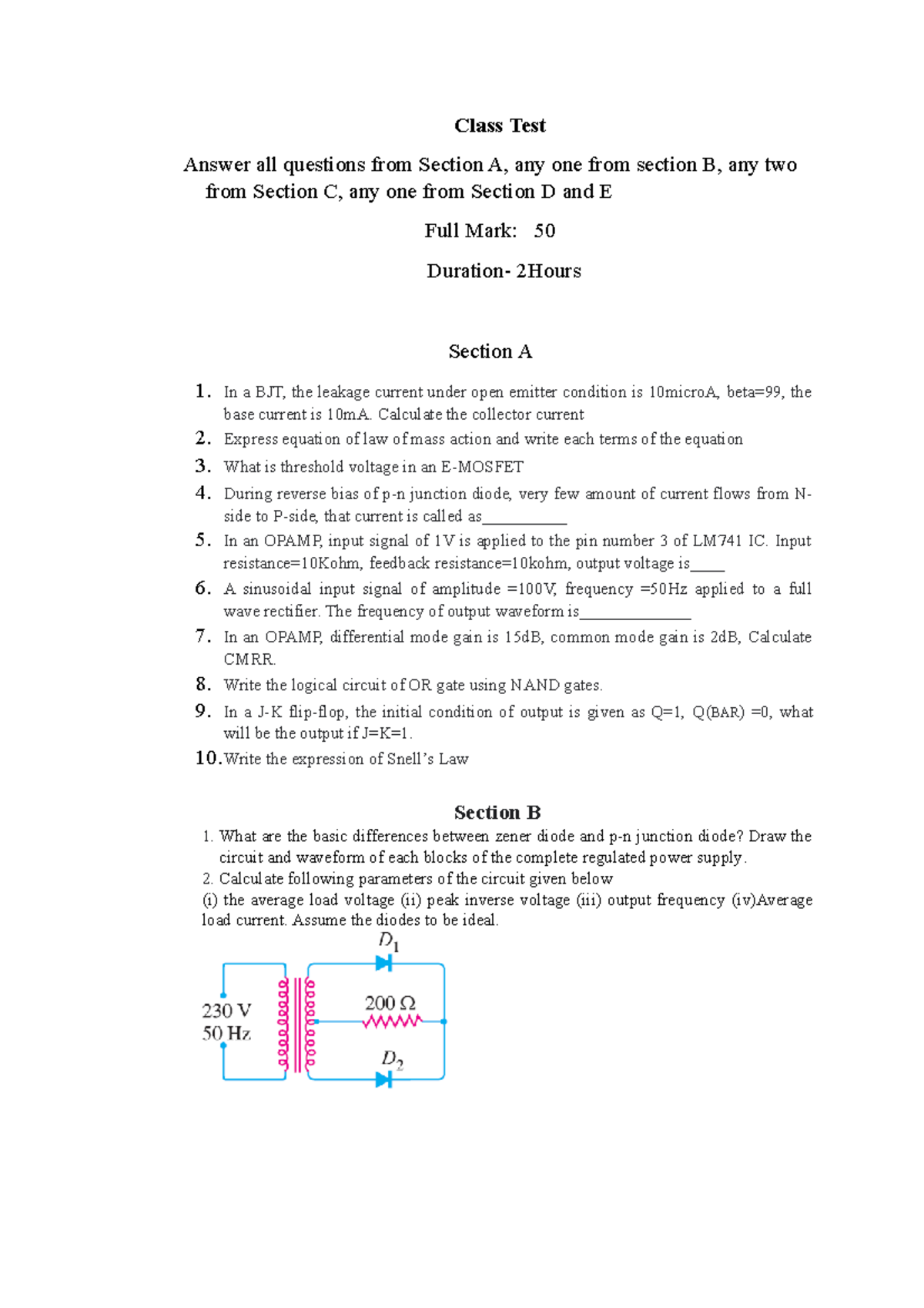 Class Test - Class Test Answer all questions from Section A, any one ...