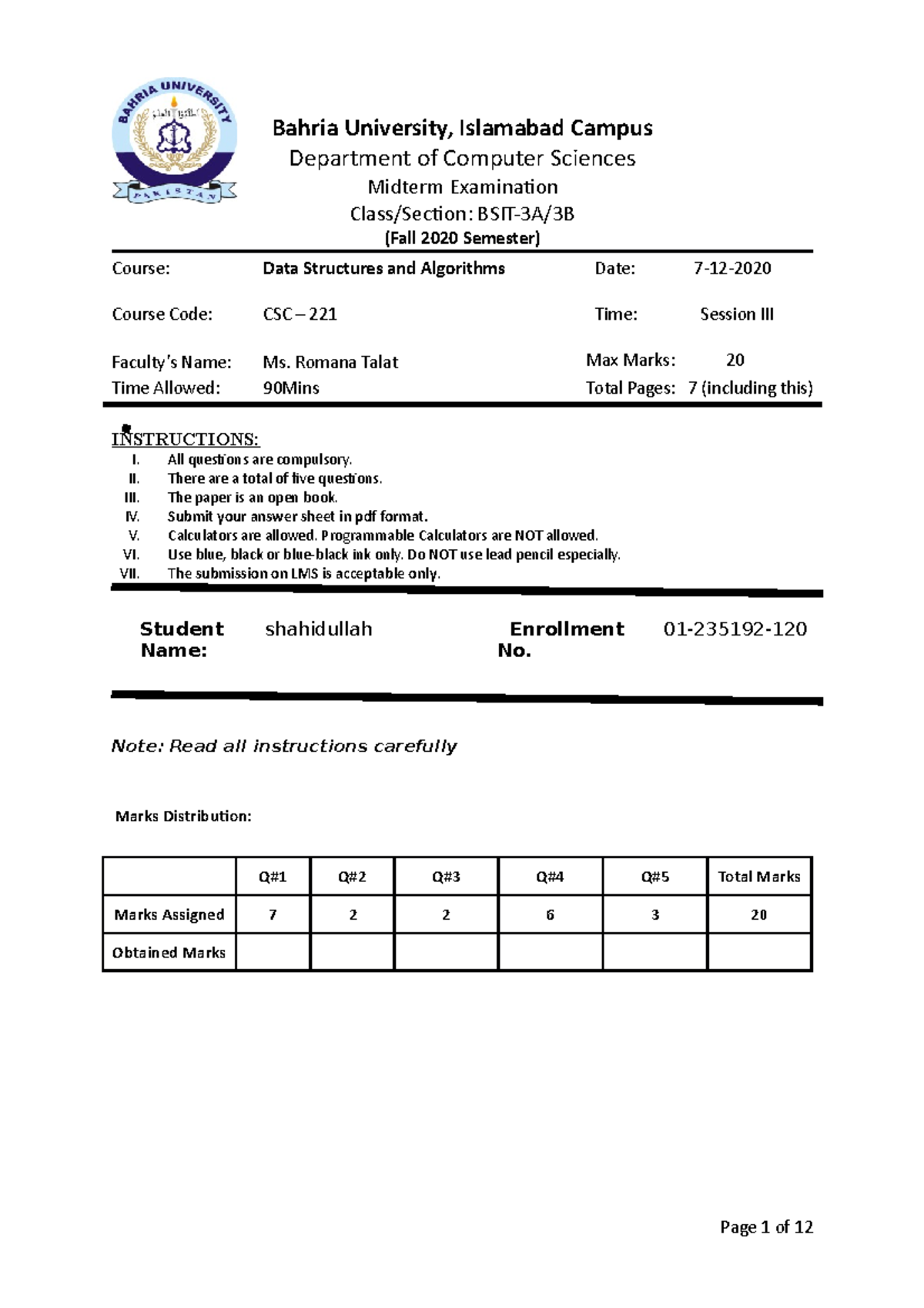 DSA Midterm Fall 2020 06122020 111410 pm - Bahria University, Islamabad ...