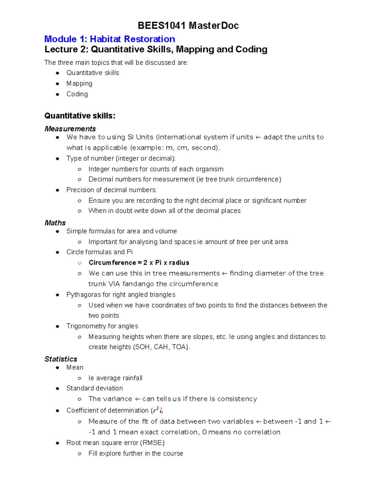 Lectures Master Doc - BEES1041 MasterDoc Module 1: Habitat Restoration ...