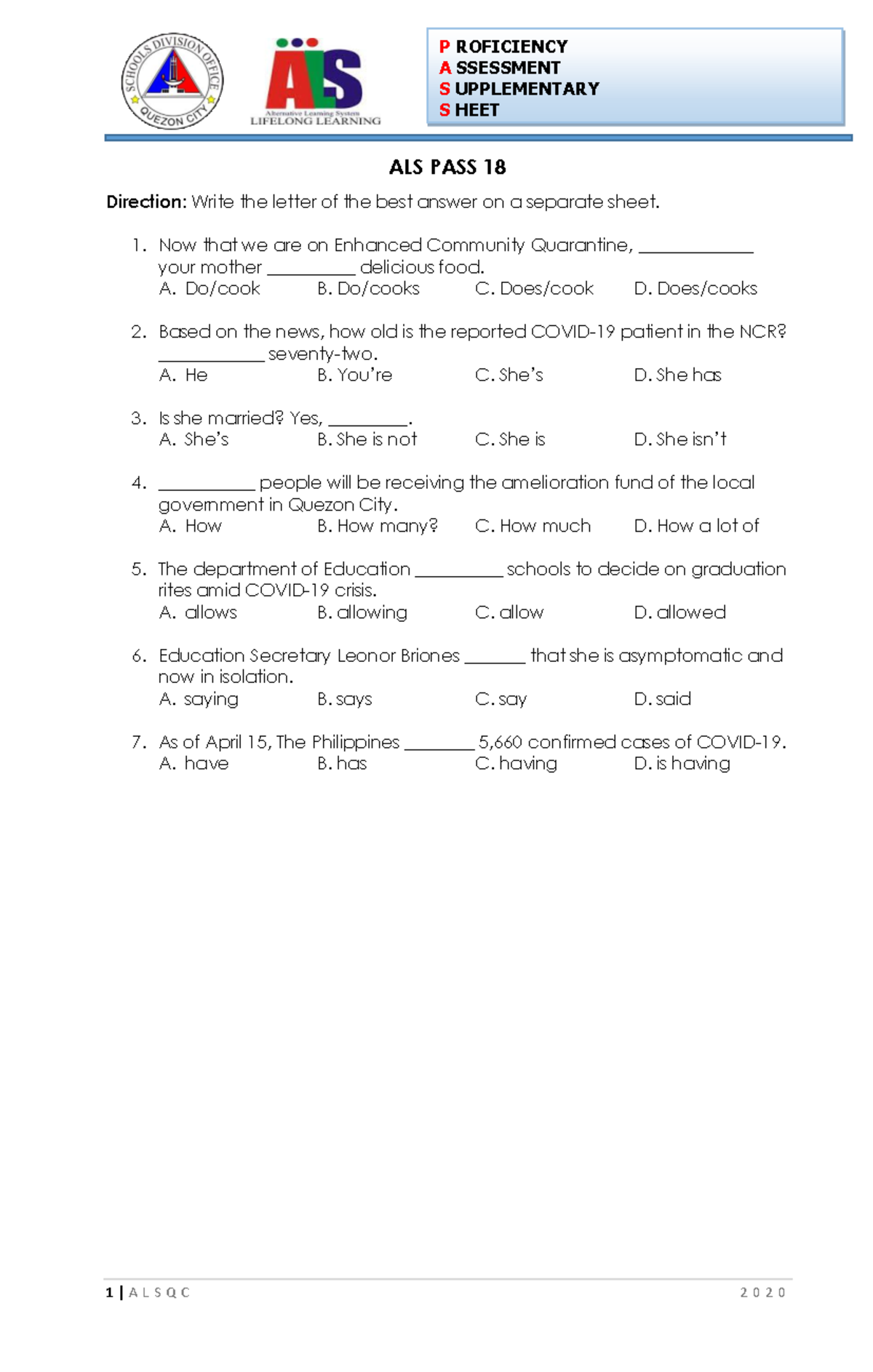 ALS PASS 18 - als - 1 | A L S Q C 2 0 2 0 ALS PASS 18 Direction: Write ...