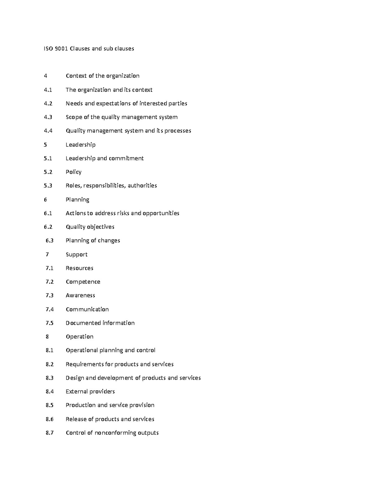ISO 9001 Clauses and sub clauses - Studocu