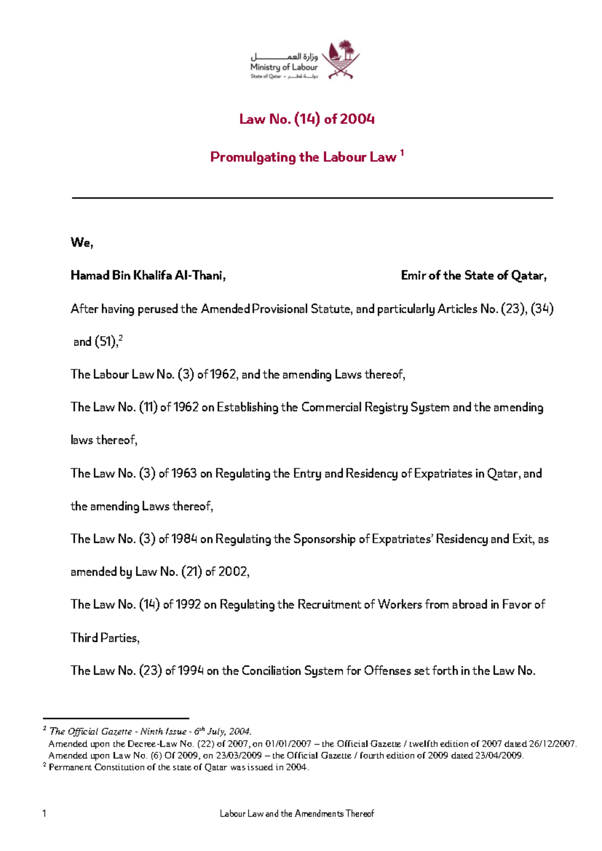 Law No. (14) of 2004 Promulgating the Labour Law - Law No. (14) of 2004 ...