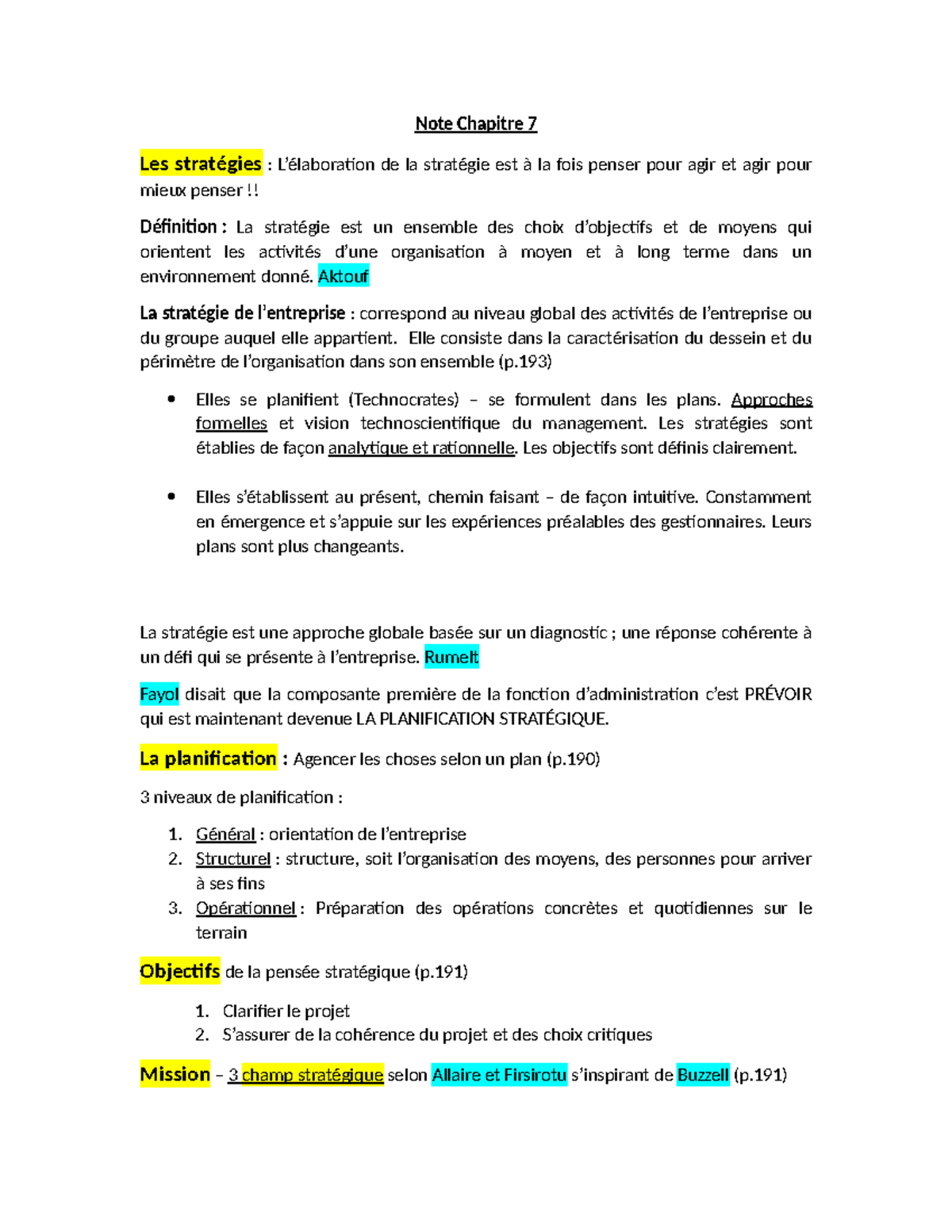 Note Chapitre 7 - NOTE DE COURS - Note Chapitre 7 Les stratégies : L ...