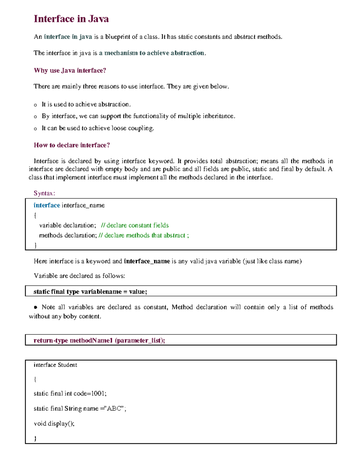 Unit-III - IT HAS ALL NOTES RELATED TO JAVA - Interface in Java ...