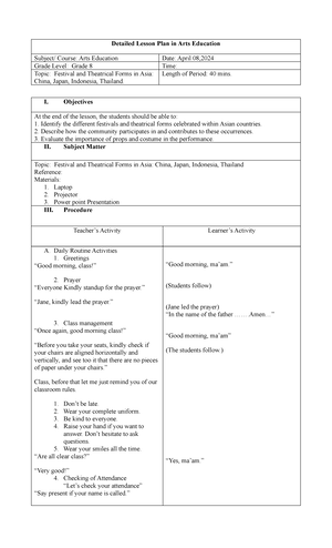 Lesson plan in PE - Detailed Lesson Plan in Physical Education Subject ...